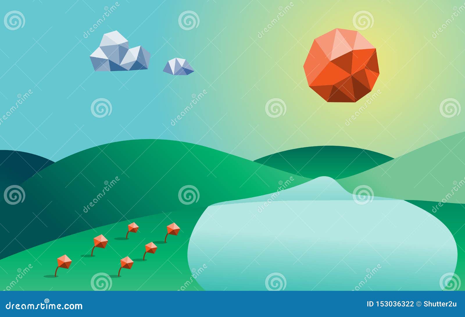 Spring Season Low Poly Background. Mountain River and Cloud and Flowers ...