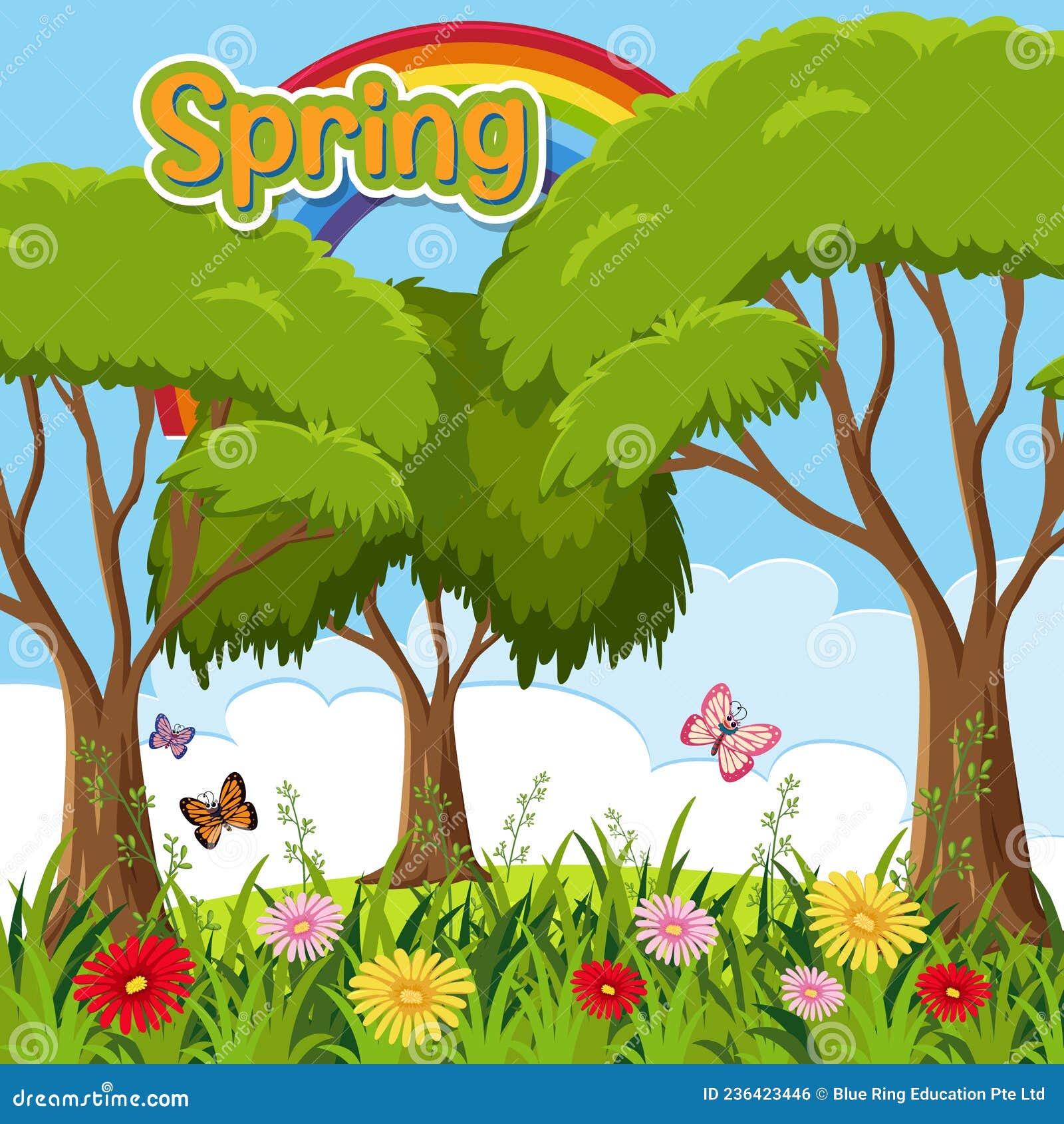 Spring Season with Trees and Flower Field Background Stock Vector ...