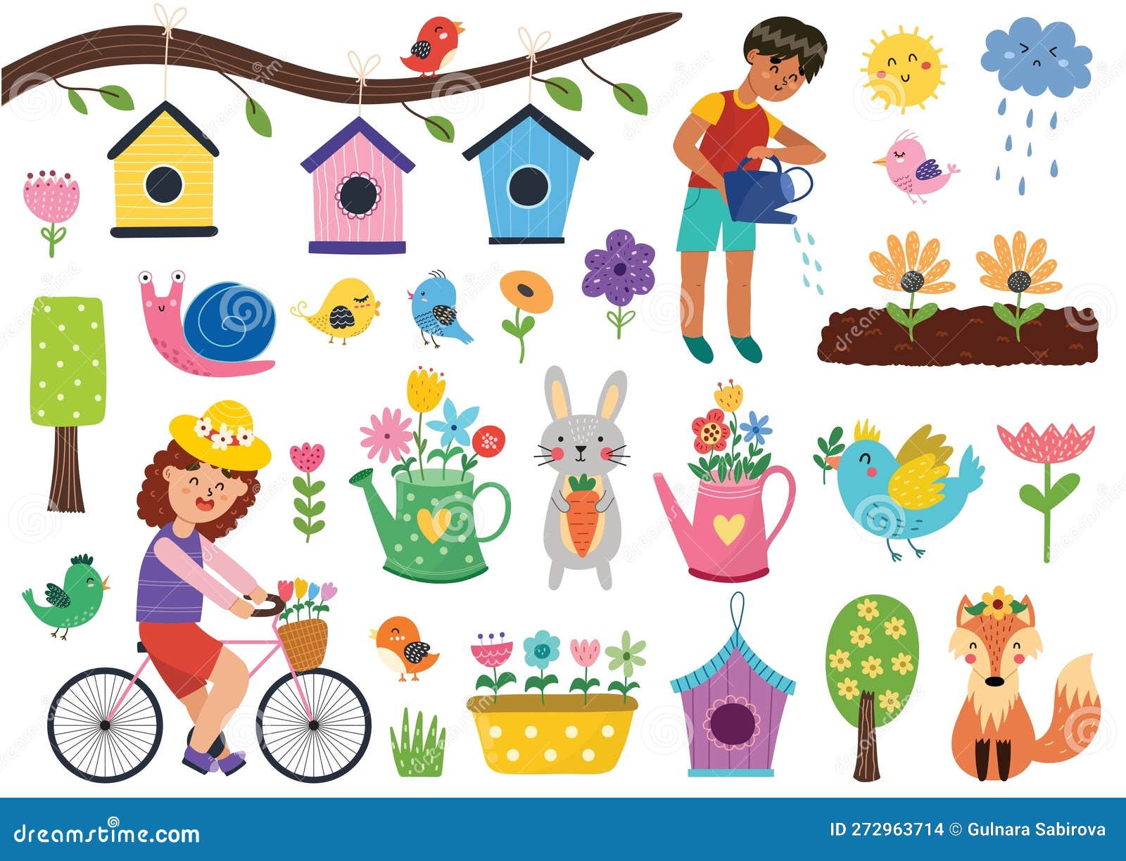 Spring Set with Cute Rabbit, Fox, Birds, Snail and Kids. Hand Drawn ...