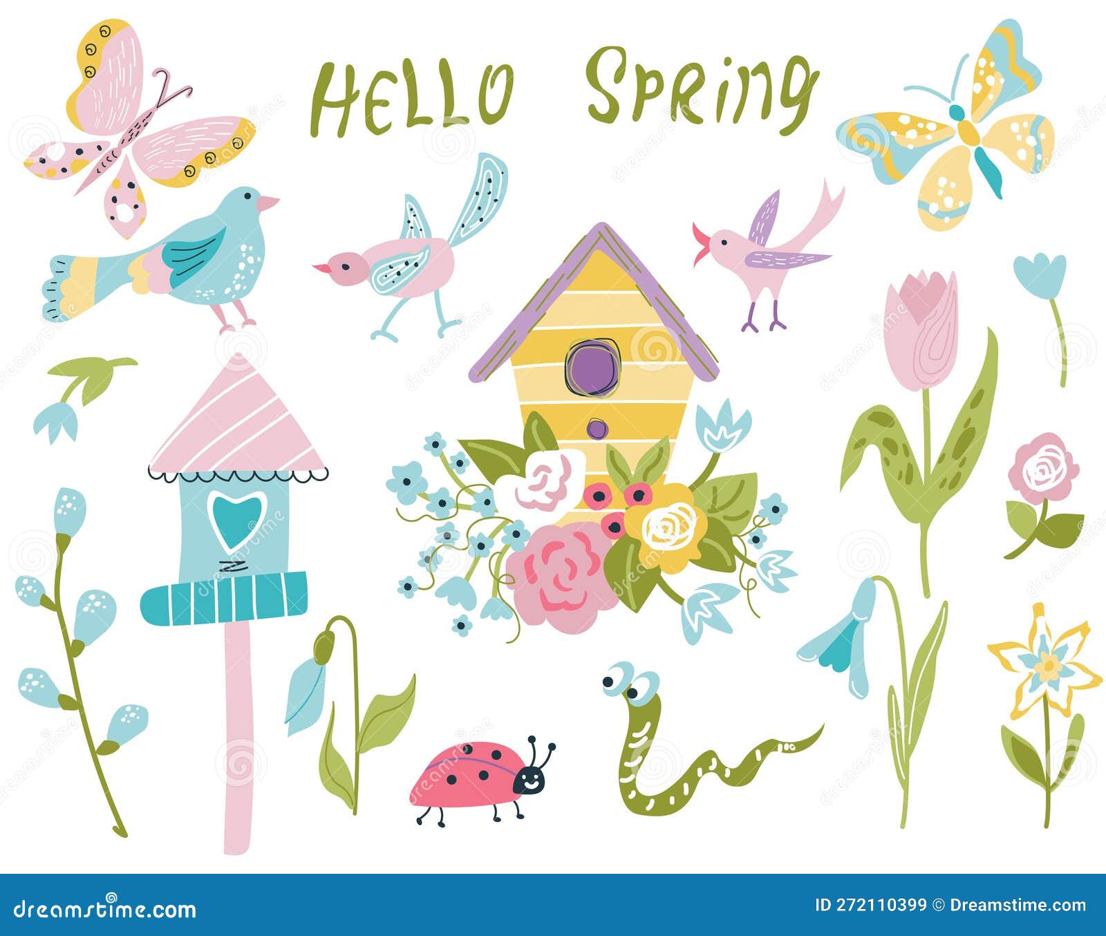 Spring Set. Flowers, Birds, Birdhouse, Butterflies and Other Elements ...