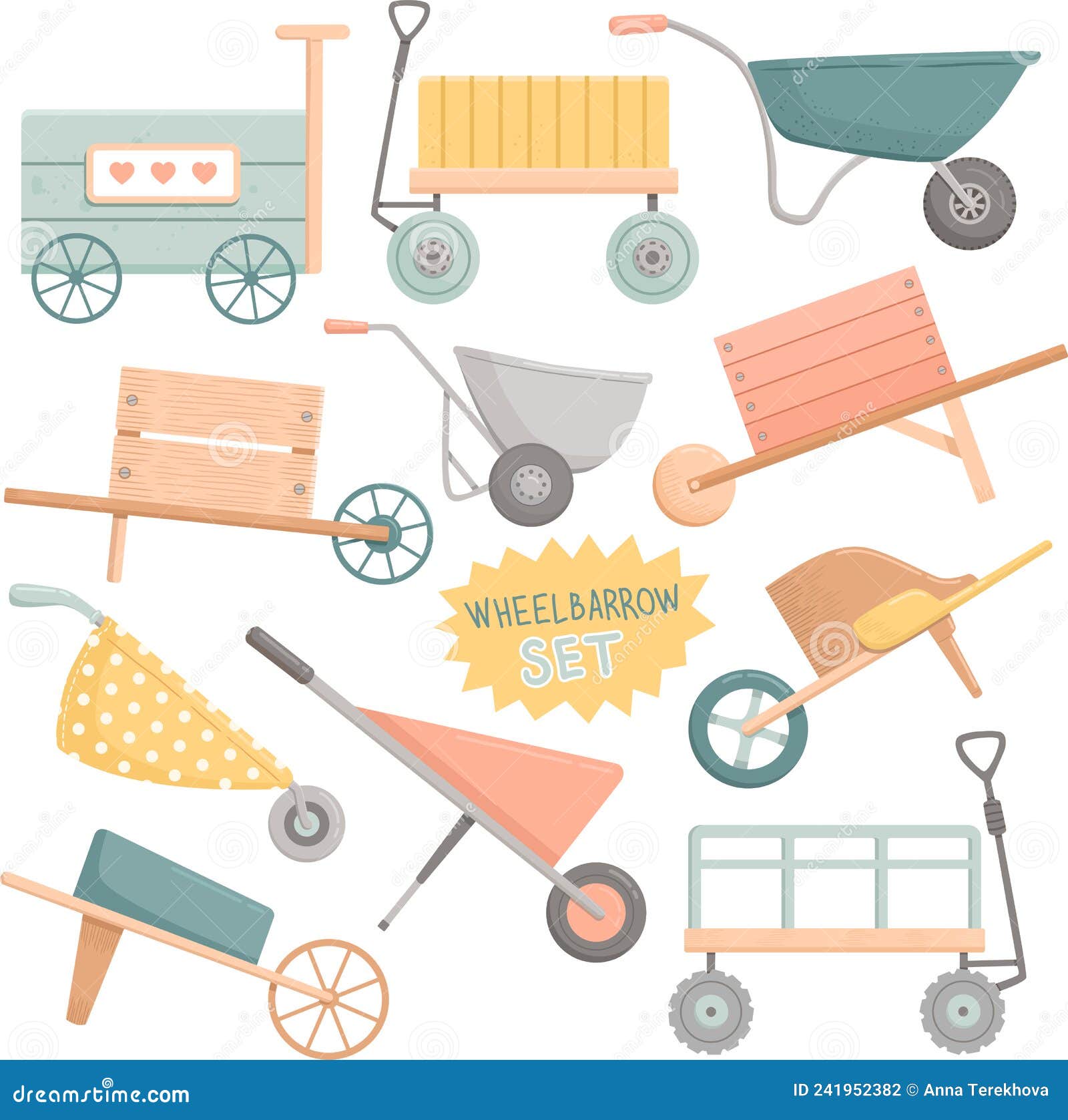 Spring Set Wheel Barrow, Wooden, Flat, Vector Stock Vector ...
