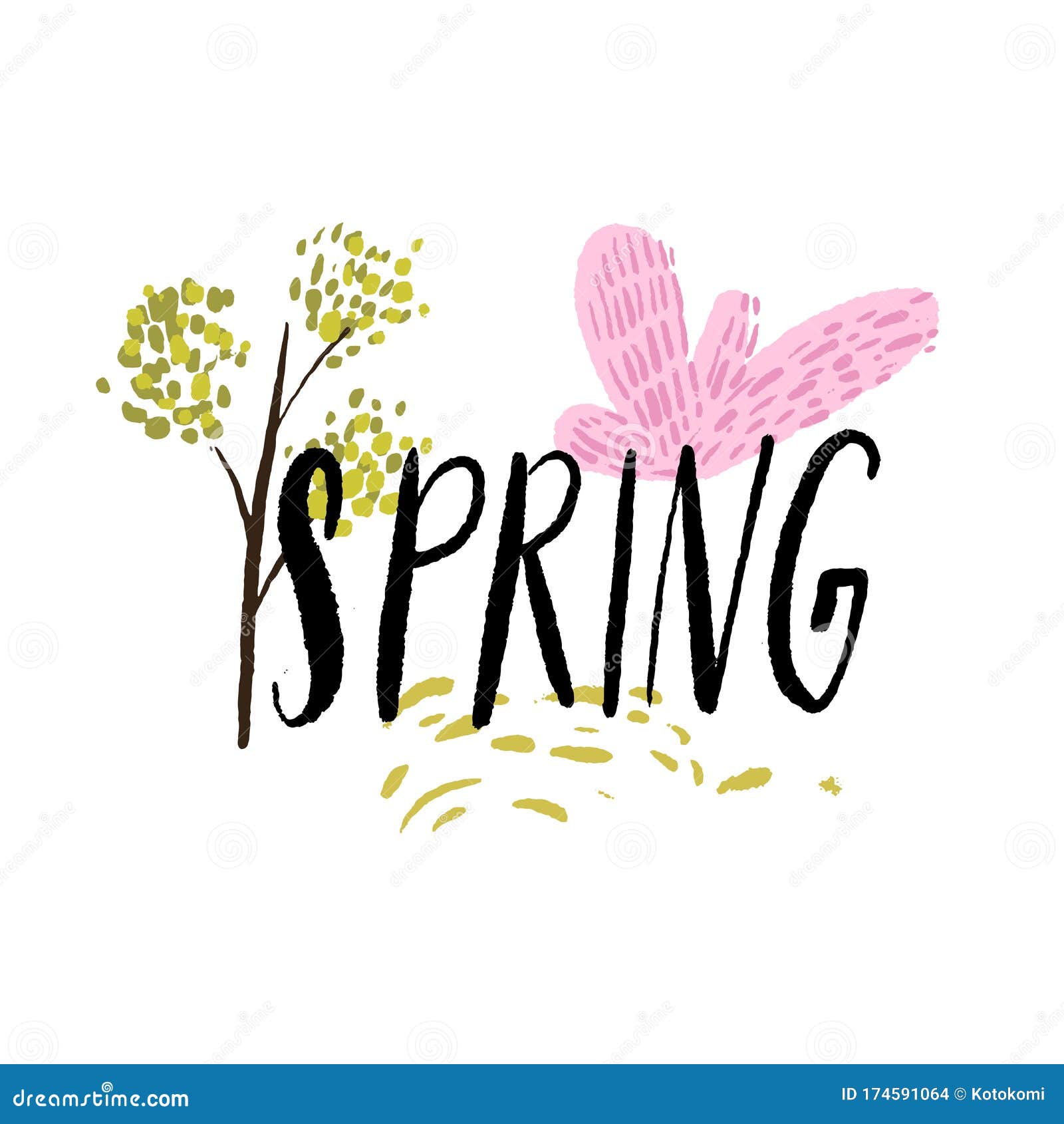 Spring Sign - Handwritten Word Decorated with Doodle Tree and Pink ...