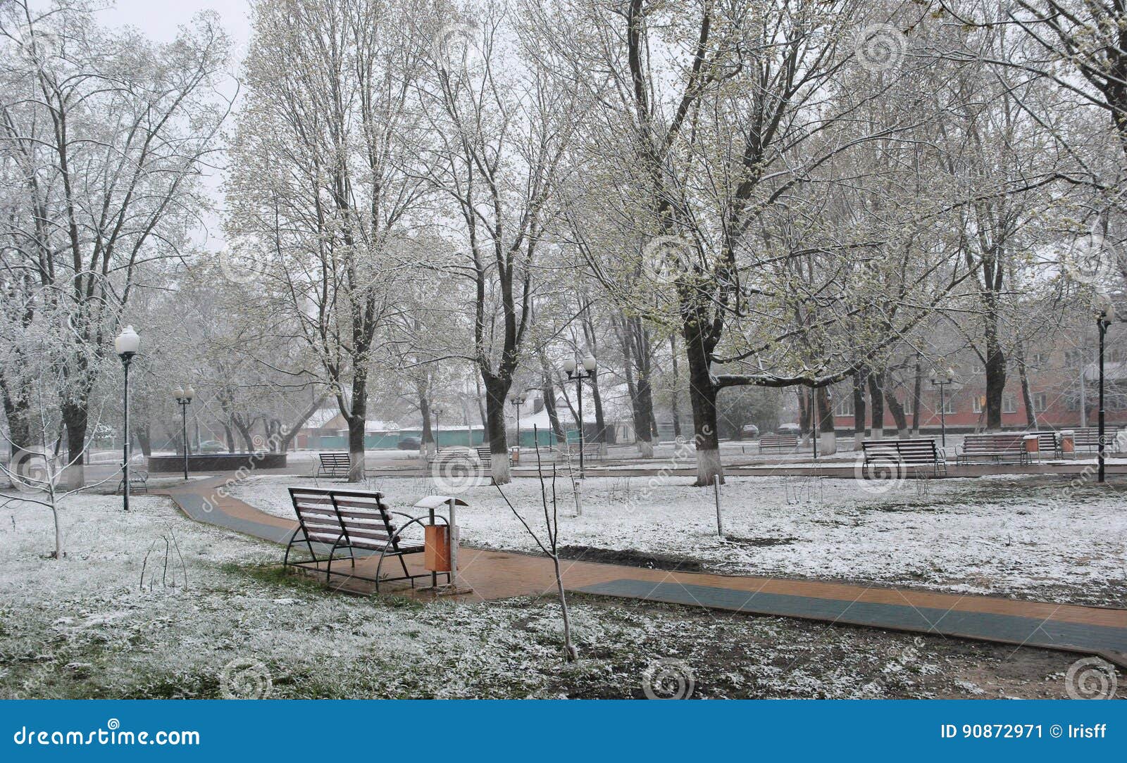 Spring snowfall stock image. Image of benches, snowfall - 90872971