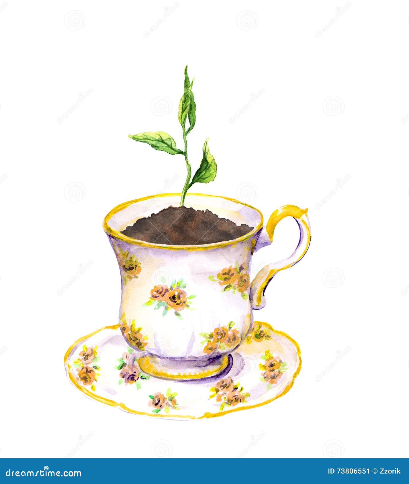Spring Sprout, Green Growing Plant in Tea Cup. Watercolor Stock Image ...