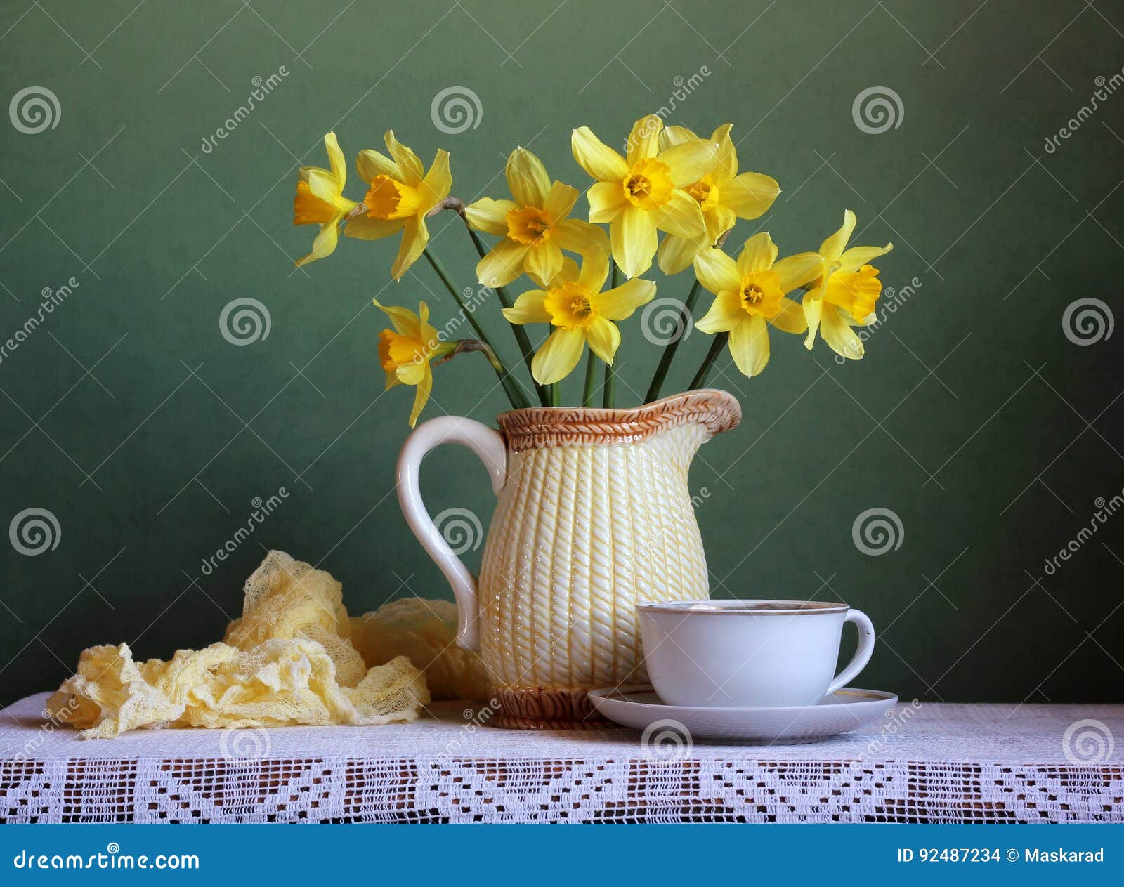 Spring Still Life with Daffodils Stock Photo - Image of flower, lace ...