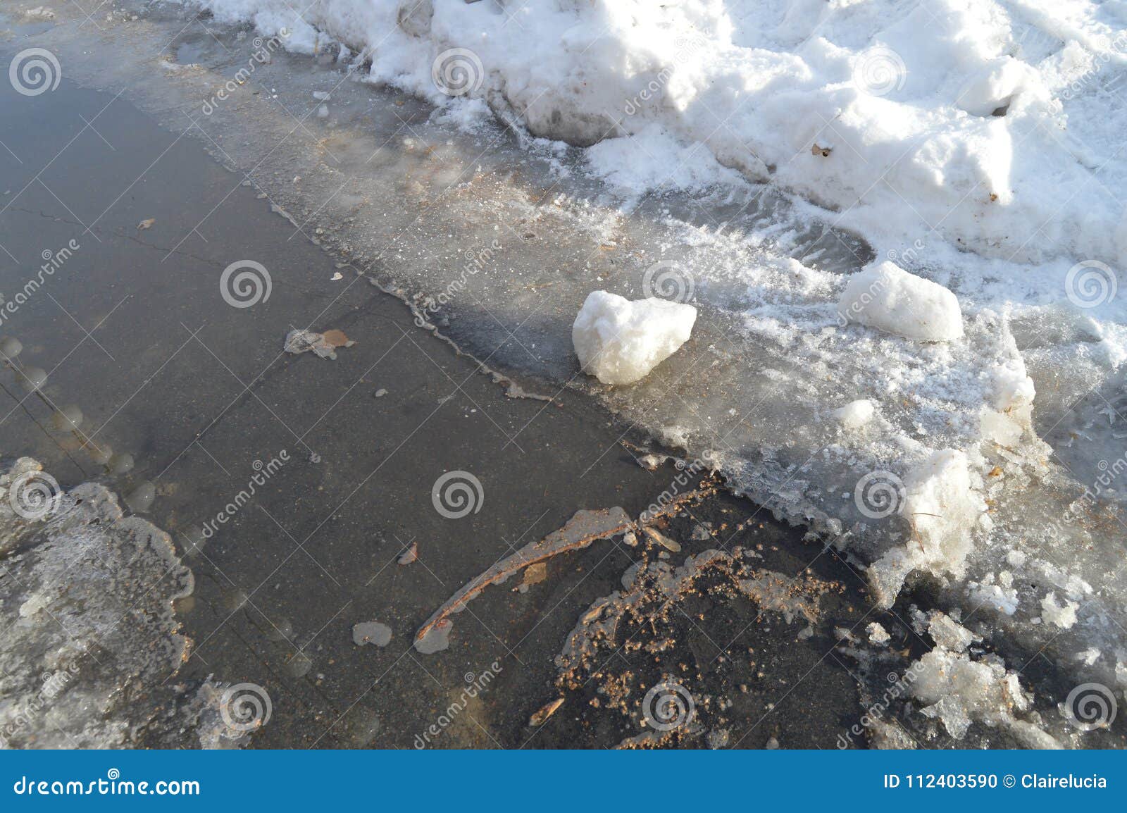 Spring Stream, Ice and Snow, Dazzling Sunlight, Reflection of Sky in ...