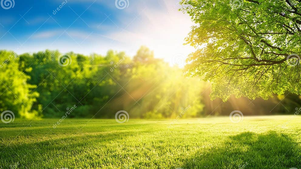 Spring Summer Background with Green Tree Sunlight and Sun Rays Panorama ...