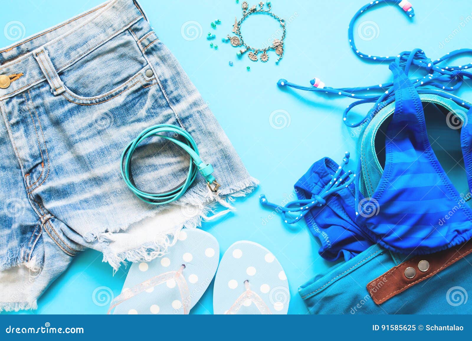 Spring and Summer Blue Collection of Girl Accessories, Flat Lay on Blue ...
