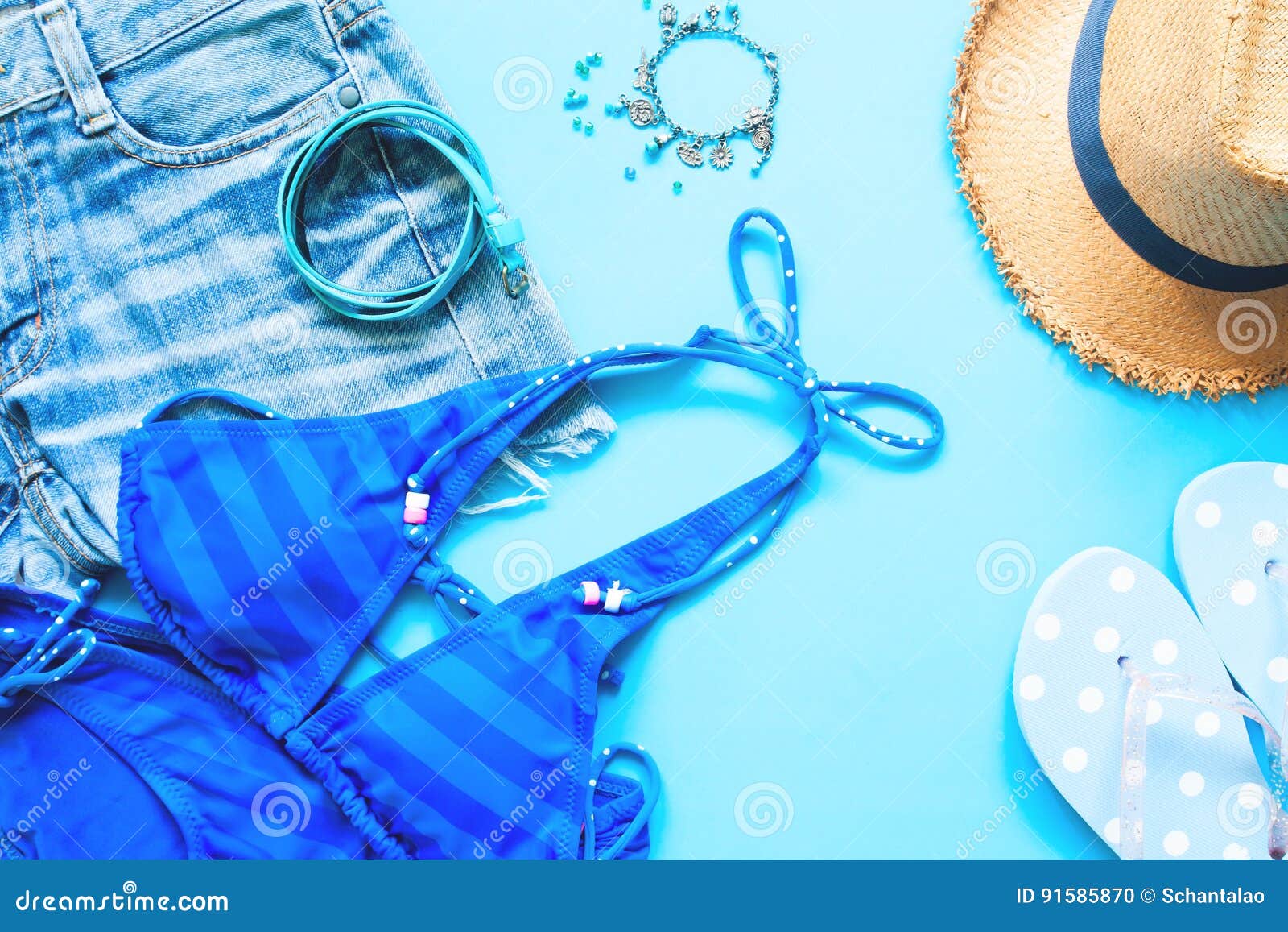 Spring and Summer Blue Collection of Girl Accessories, Flat Lay on Blue ...
