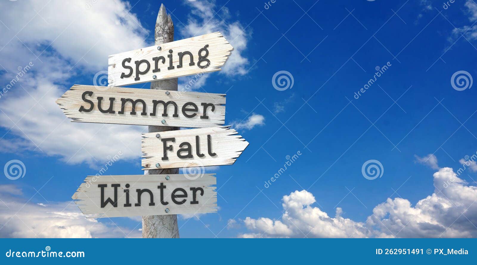 Spring, Summer, Fall, Winter - Wooden Signpost with Four Arrows Stock ...