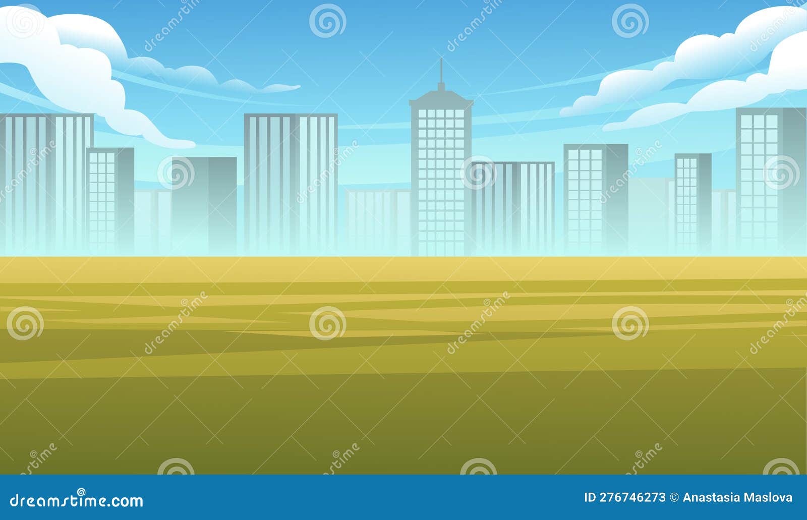 Spring or Summer Green Plain Landscape with Modern City on Background ...