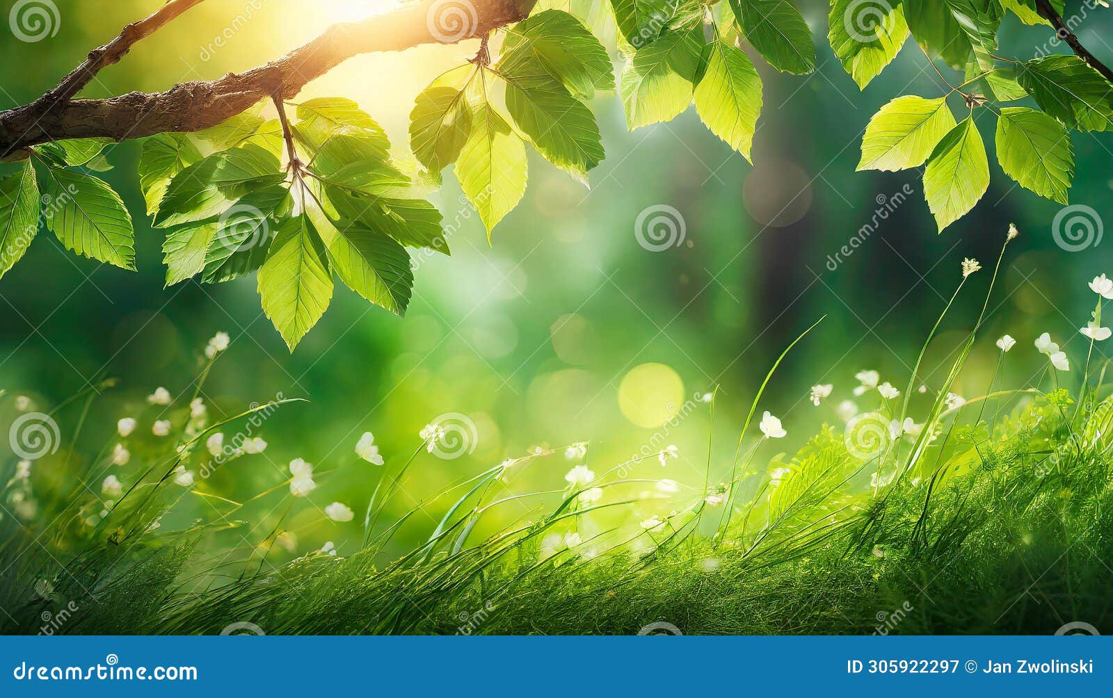 Spring Summer Nature Background with Grass, Trees Branch with Green ...