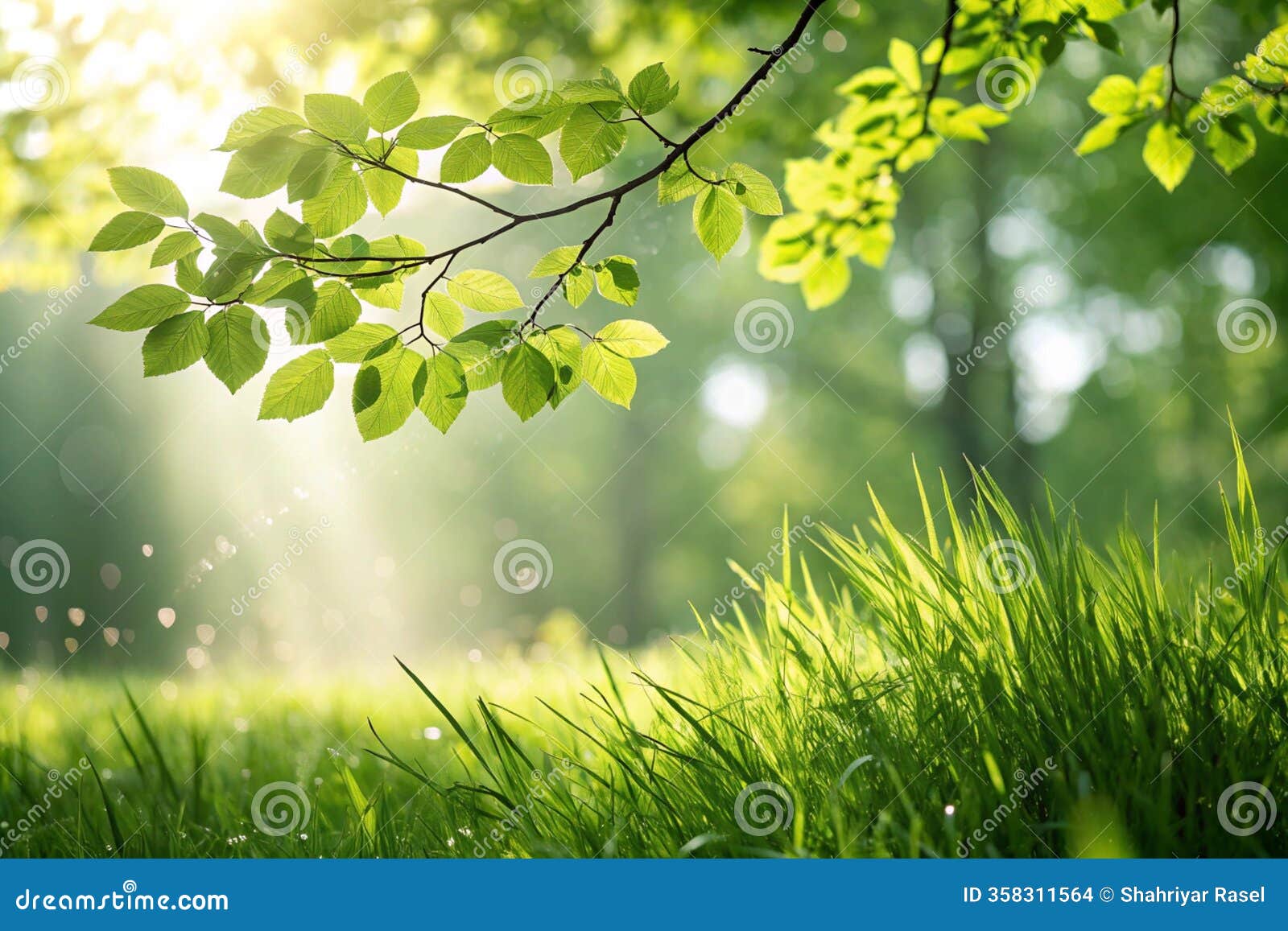 Spring Summer Nature Background with Grass, Trees, and Sun Rays Stock ...