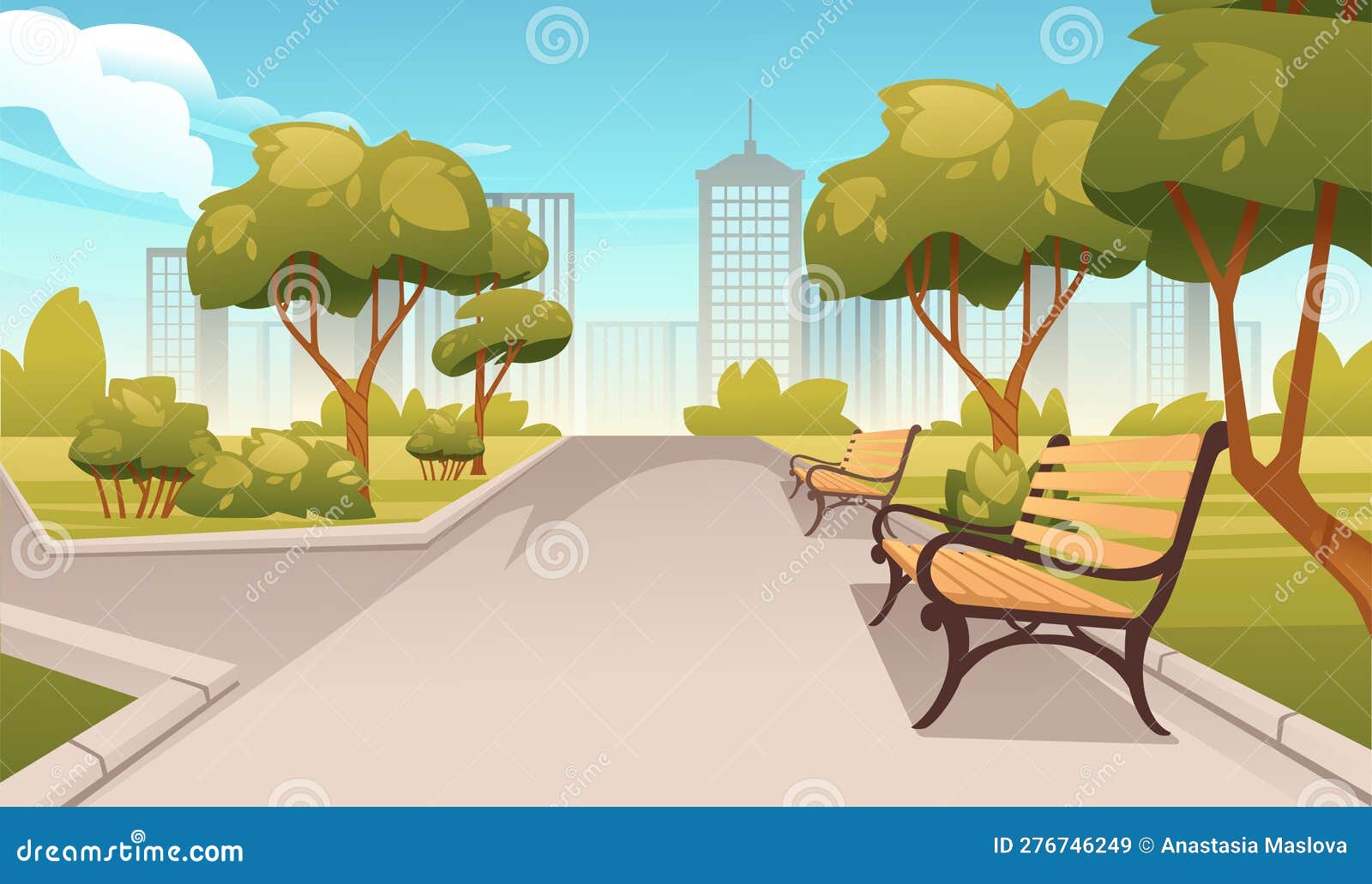Spring or Summer Park Landscape with Trees Benches and Modern City on ...
