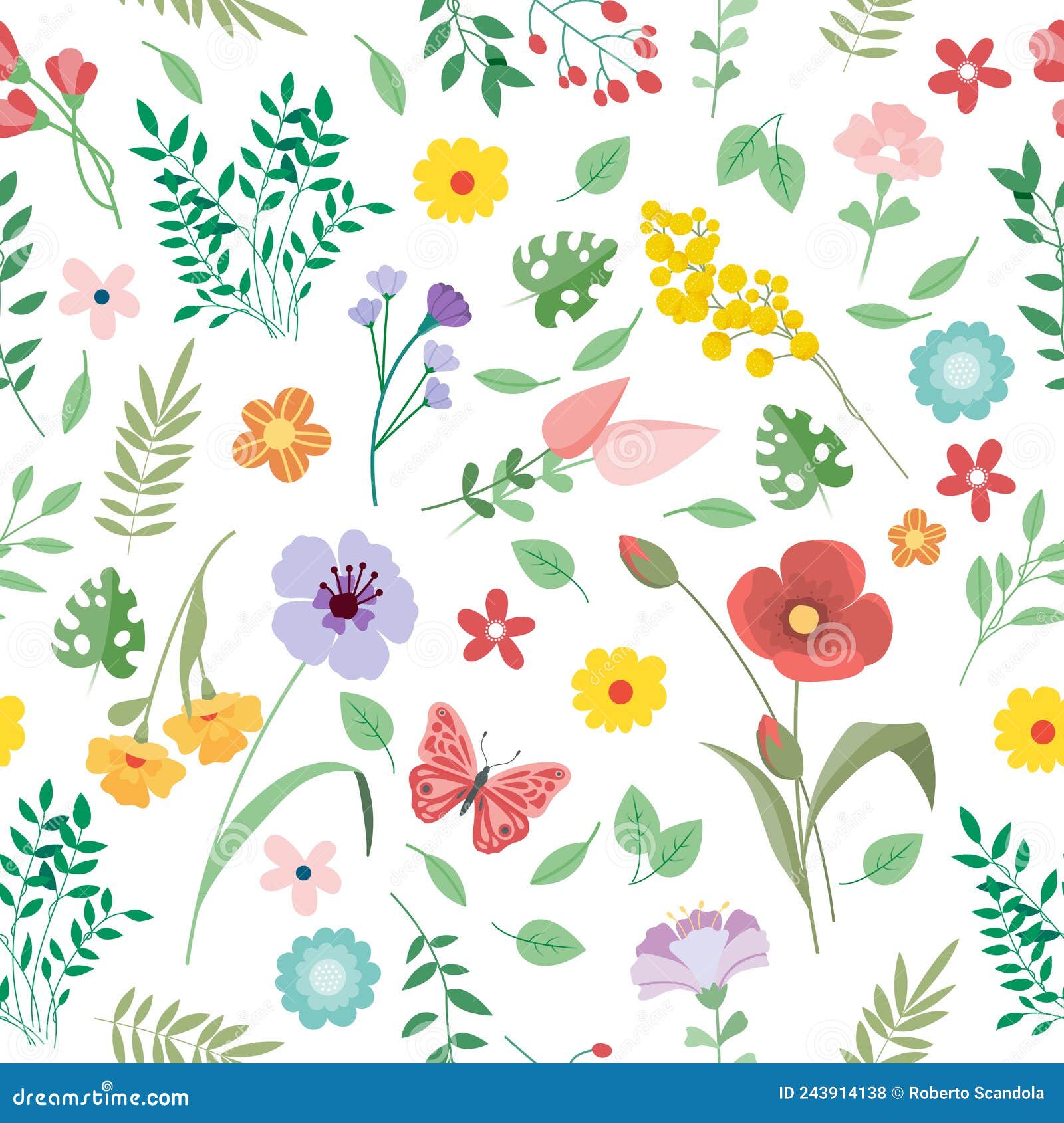 Spring and Summer Set with Seamless Pattern and Floral Elements Stock ...