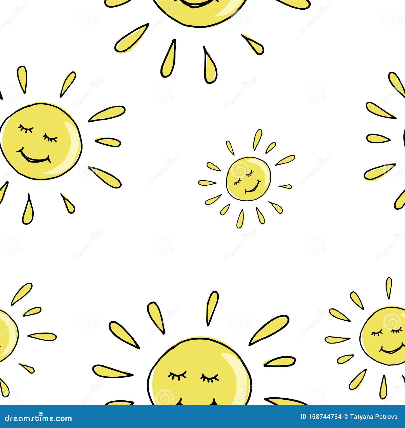Spring Sunny Pattern. Hand Drawn Yellow Cartoon Suns on Transparent ...