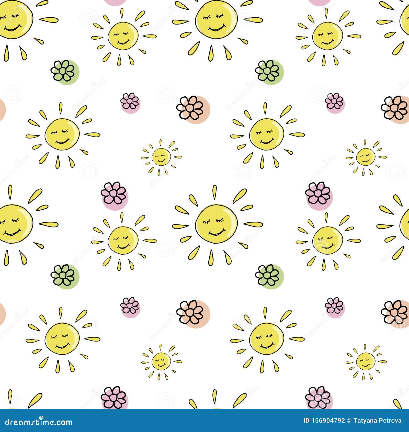 Spring Sunny Pattern, Sun an Flowers Doodle Background. Bright Sunny ...