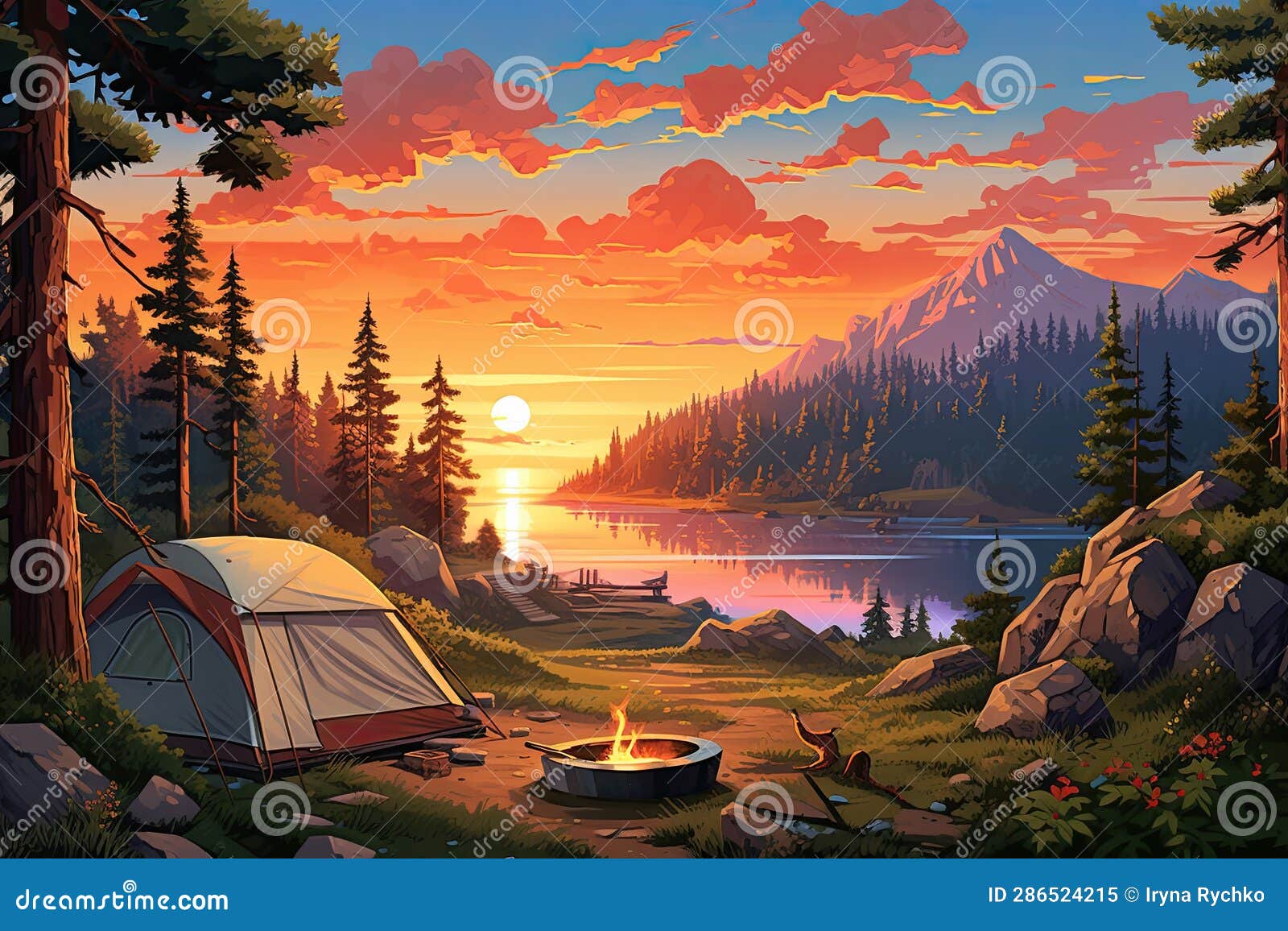 Spring Sunset Camping in Mountains Stock Illustration - Illustration of ...