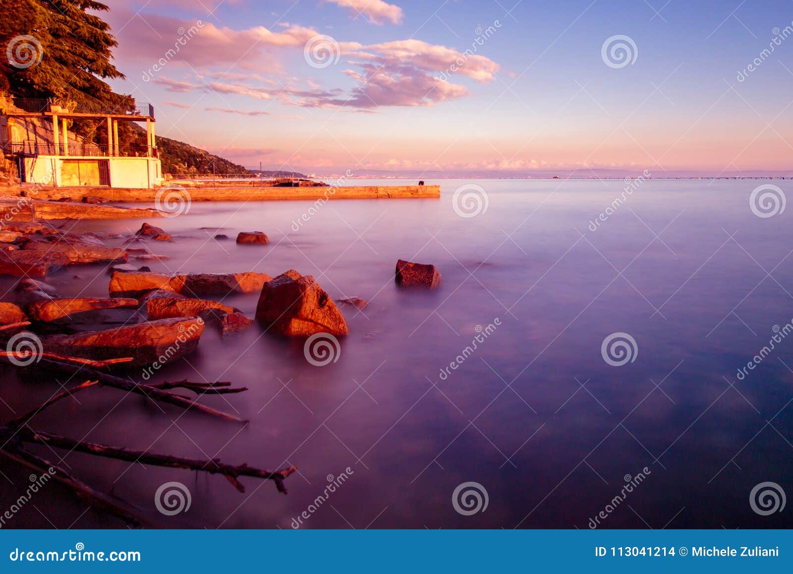 Sunset at the sea, Trieste stock photo. Image of scenic - 113041214