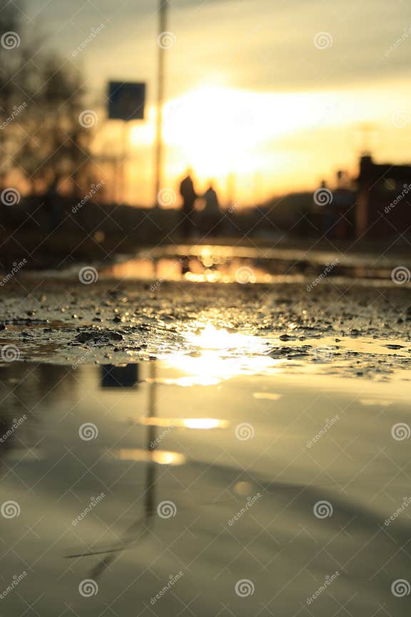 Spring Sunset Reflected on a Puddle Stock Photo - Image of buildings ...