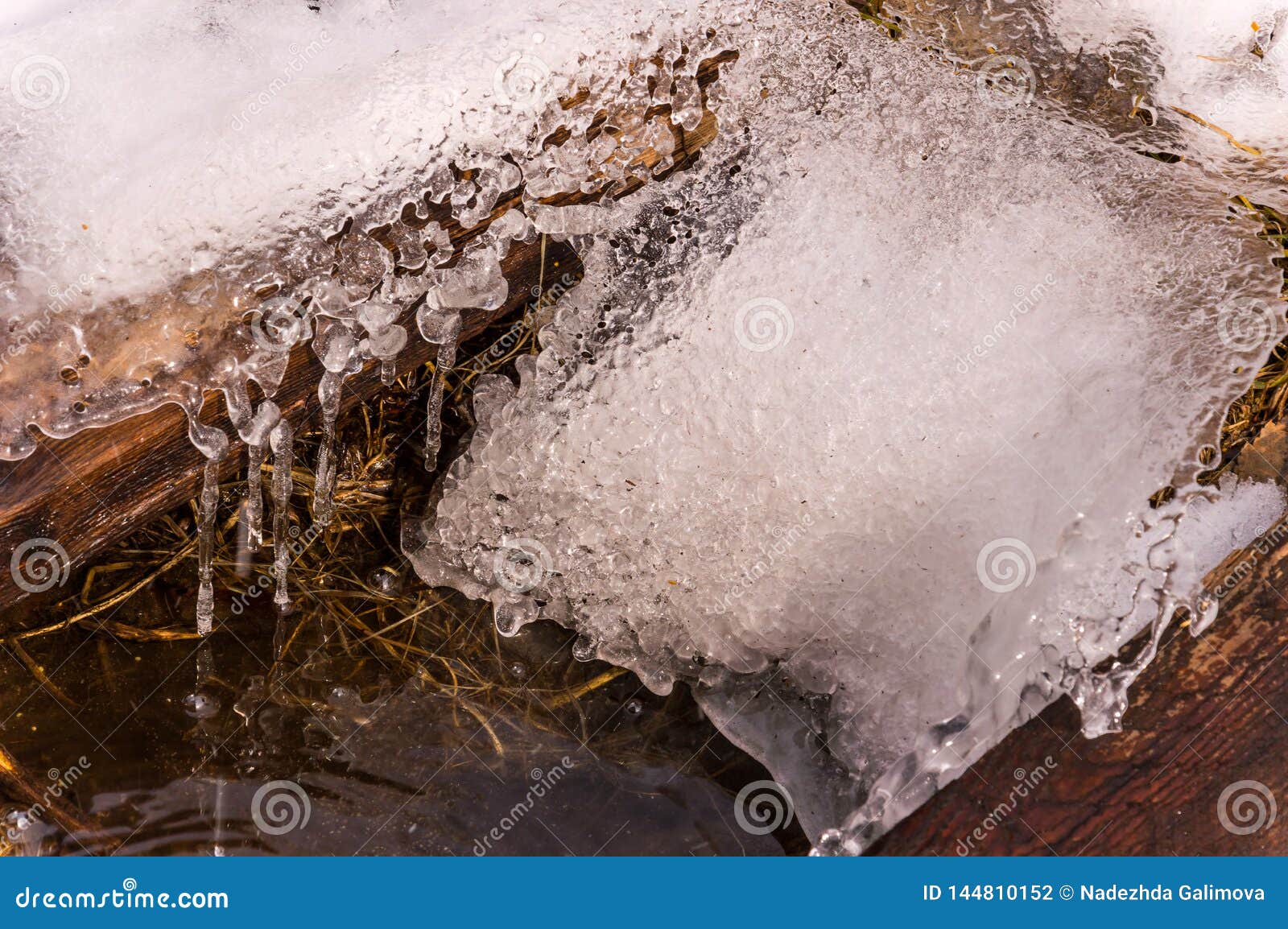 Spring Thaw. Figured Icicles and Ice. a Puddle of Water Under the Drain ...