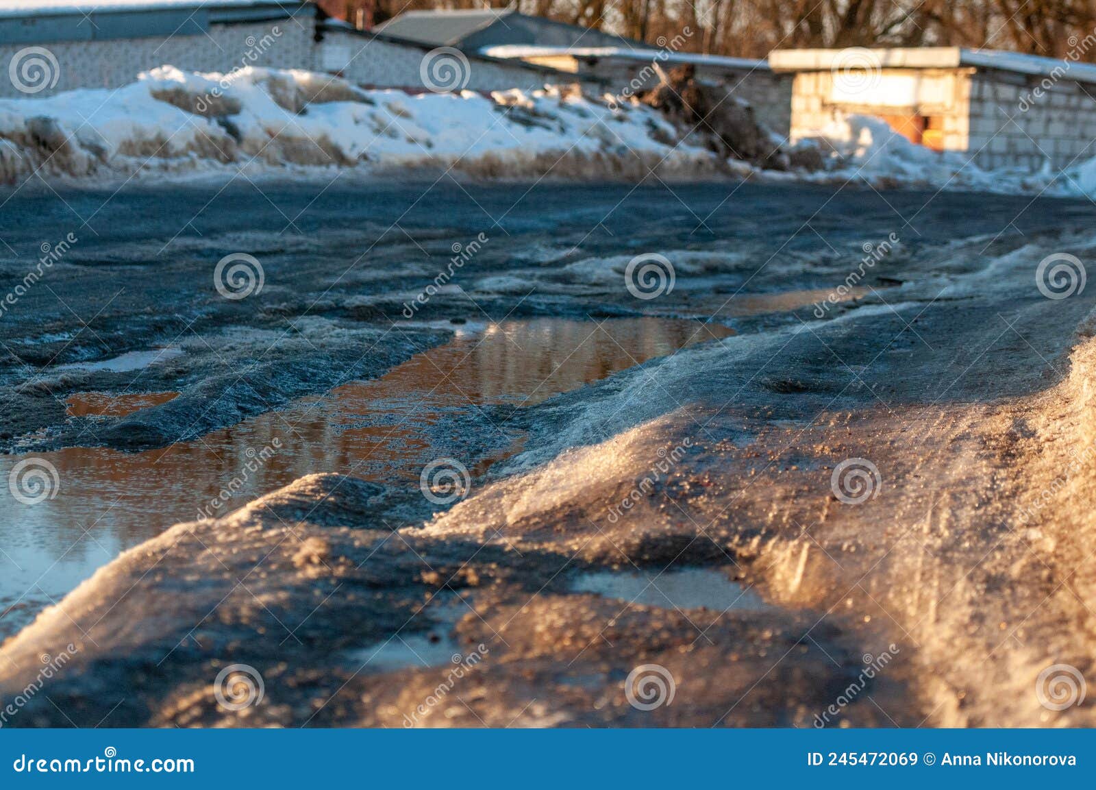 Spring Thaw on the Road, Snow and Melting Ice. Stock Image - Image of ...