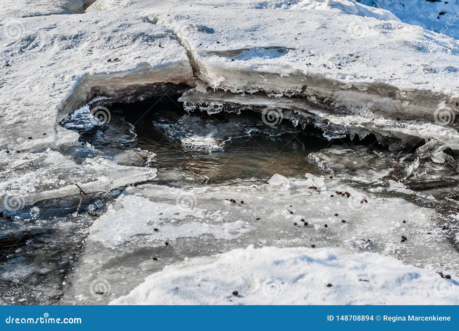 Spring Thawed Patch in the Ice of the River. Frozen Ice and Snow by the ...