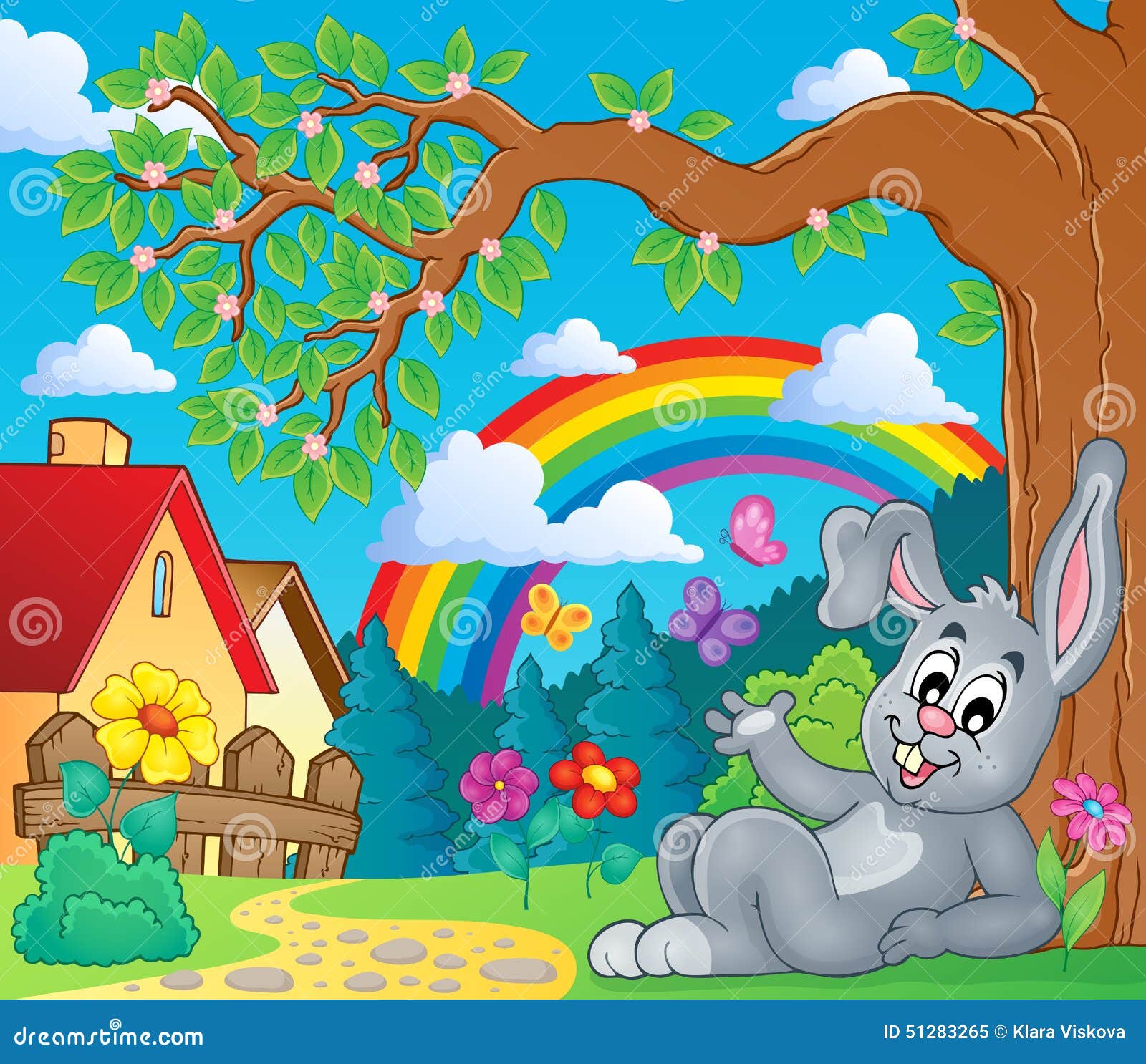 Spring Theme with Bunny and Rainbow Stock Vector - Illustration of ...