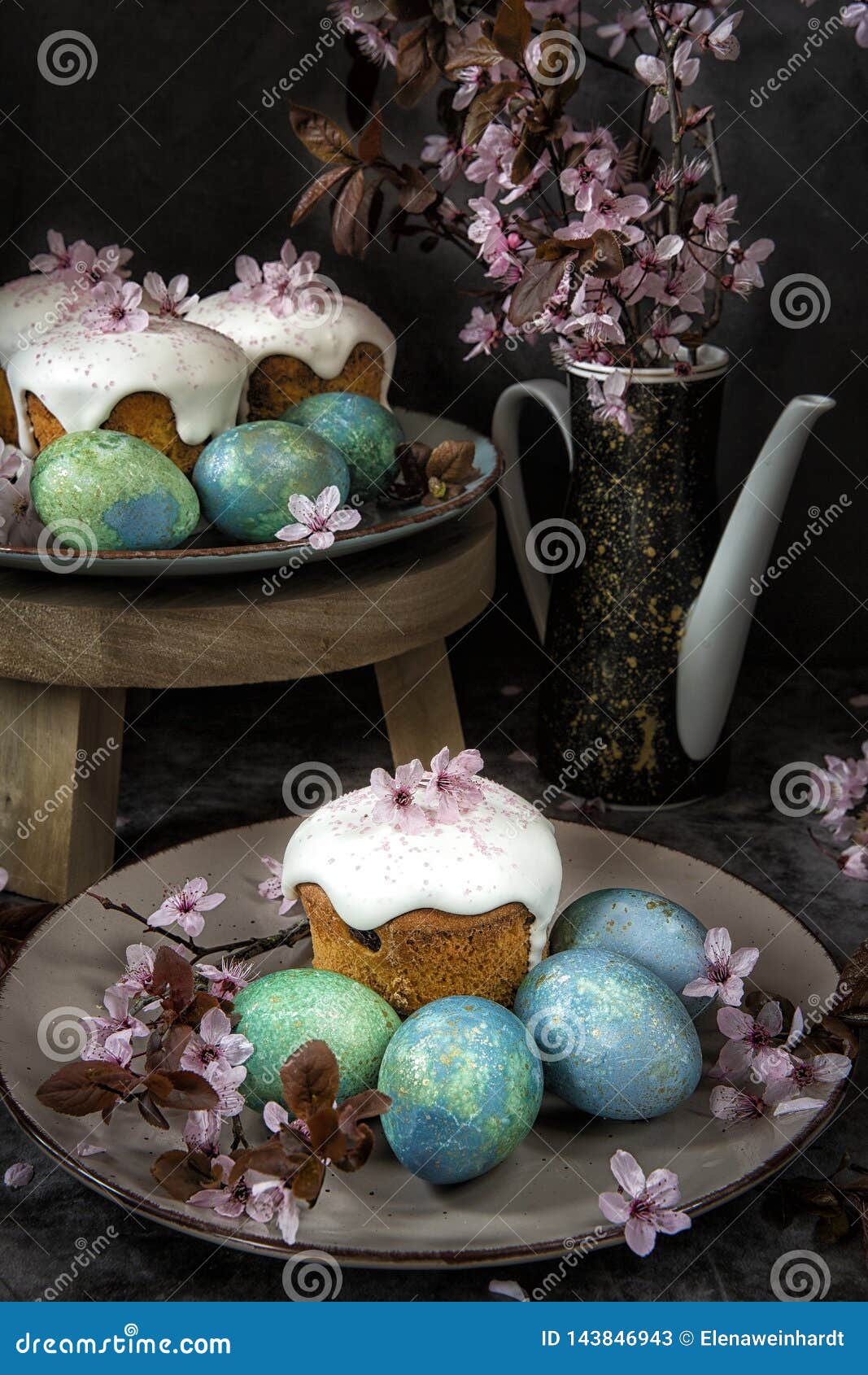 Spring Theme.Easter Bread and Eggs with Flowering Twigs . Stock Image ...