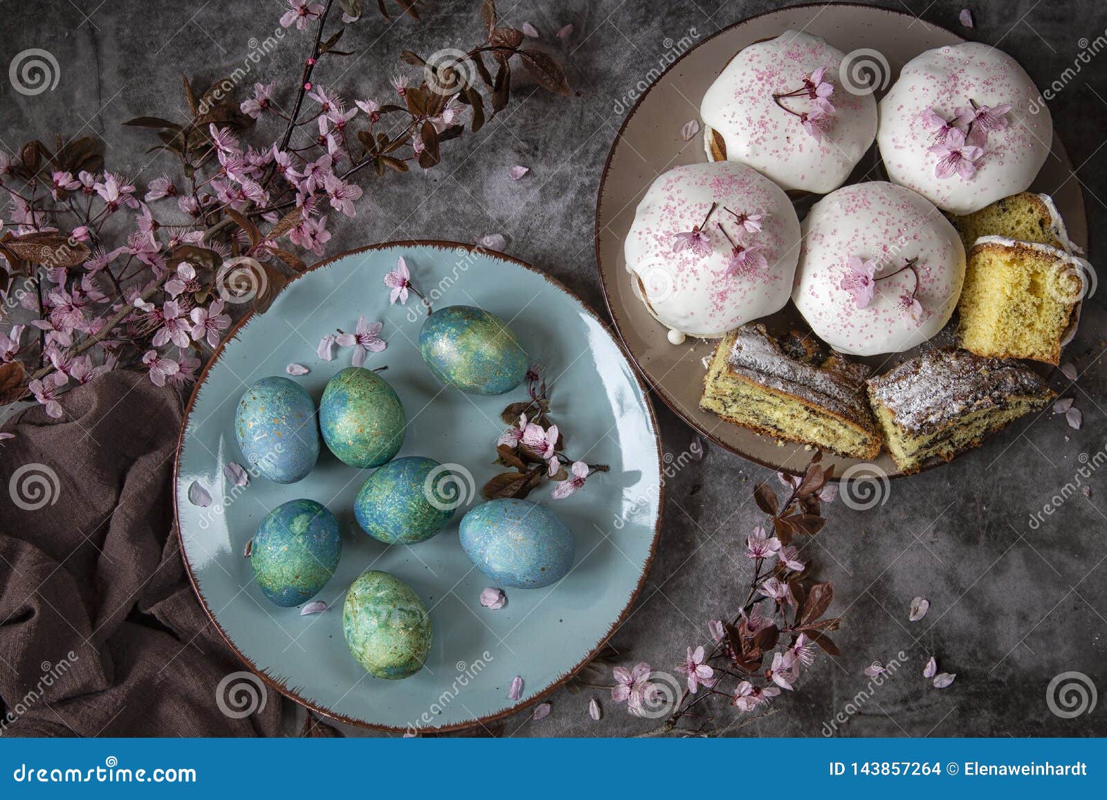 Spring Theme.Easter Bread and Eggs with Flowering Twigs . Stock Photo ...