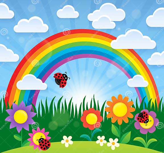 Spring Theme with Flowers and Rainbow Stock Vector - Illustration of ...