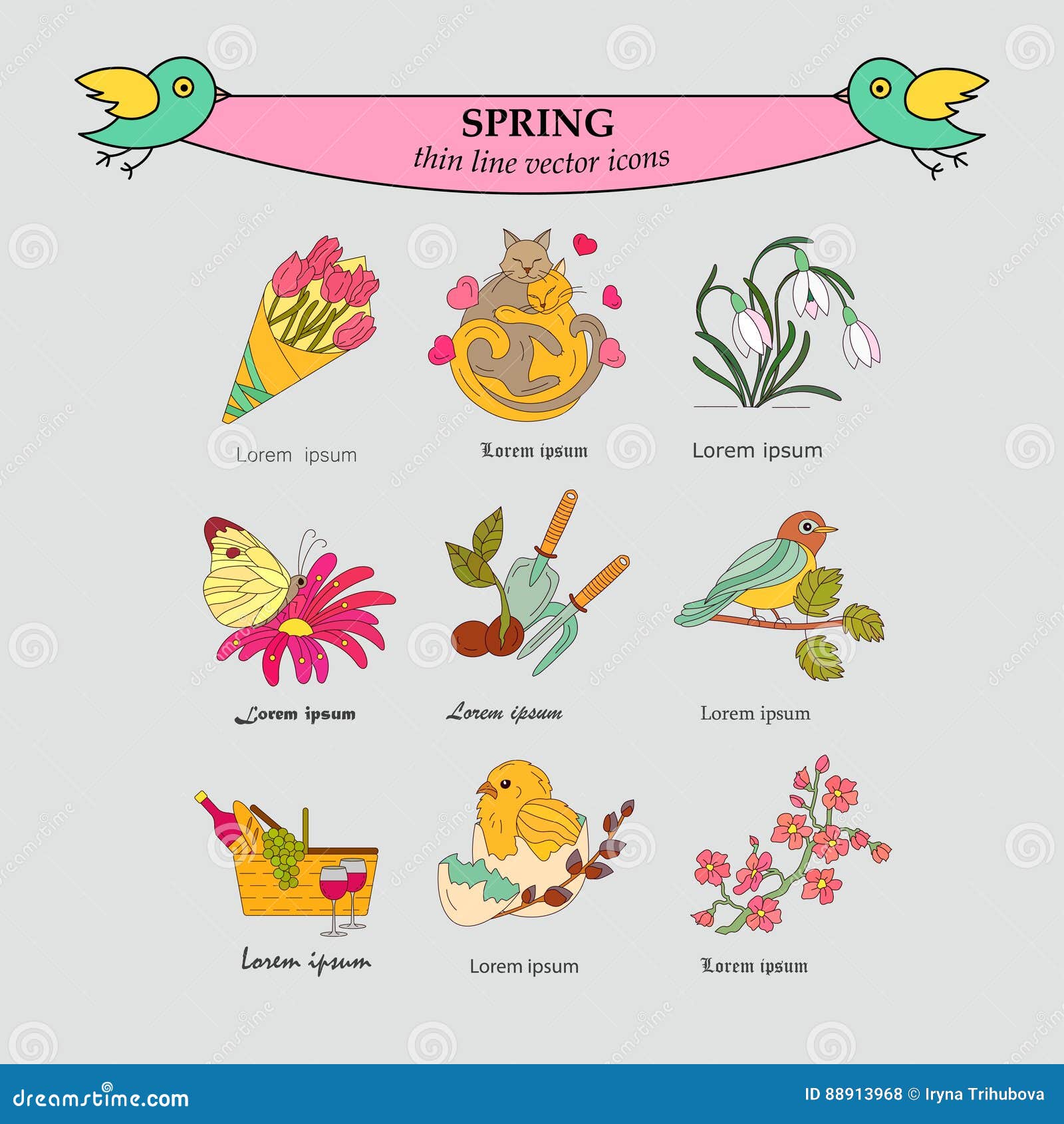 Spring Thin Line Colored Vector Icons. Stock Vector - Illustration of ...