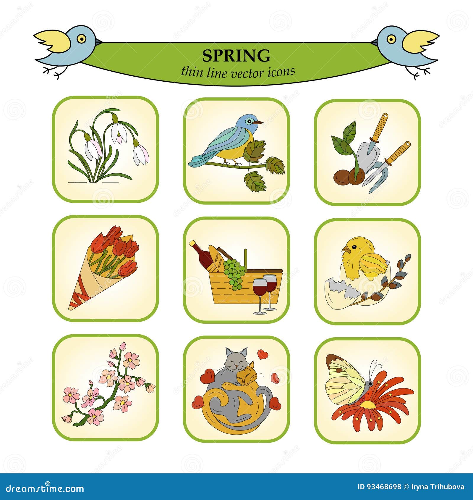 Spring Thin Line Colored Vector Icons. Stock Vector - Illustration of ...
