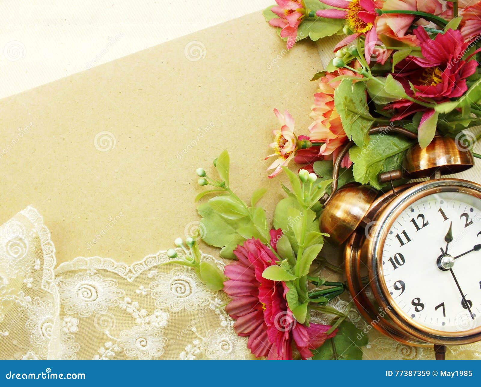 Spring Time with Alarm Clock and Artificial Flowers Bouquet Background ...