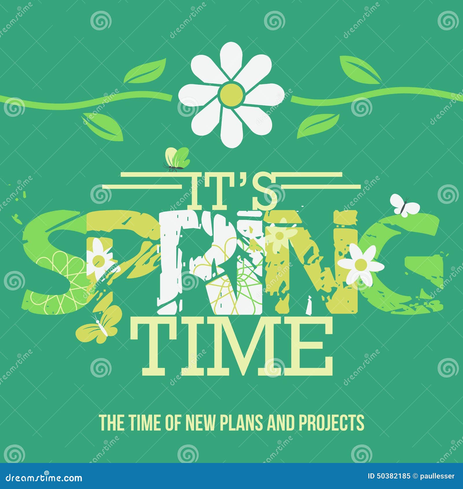 Spring Time Wording With Hand Drawn Flowers In A Circle, Set Of Black ...