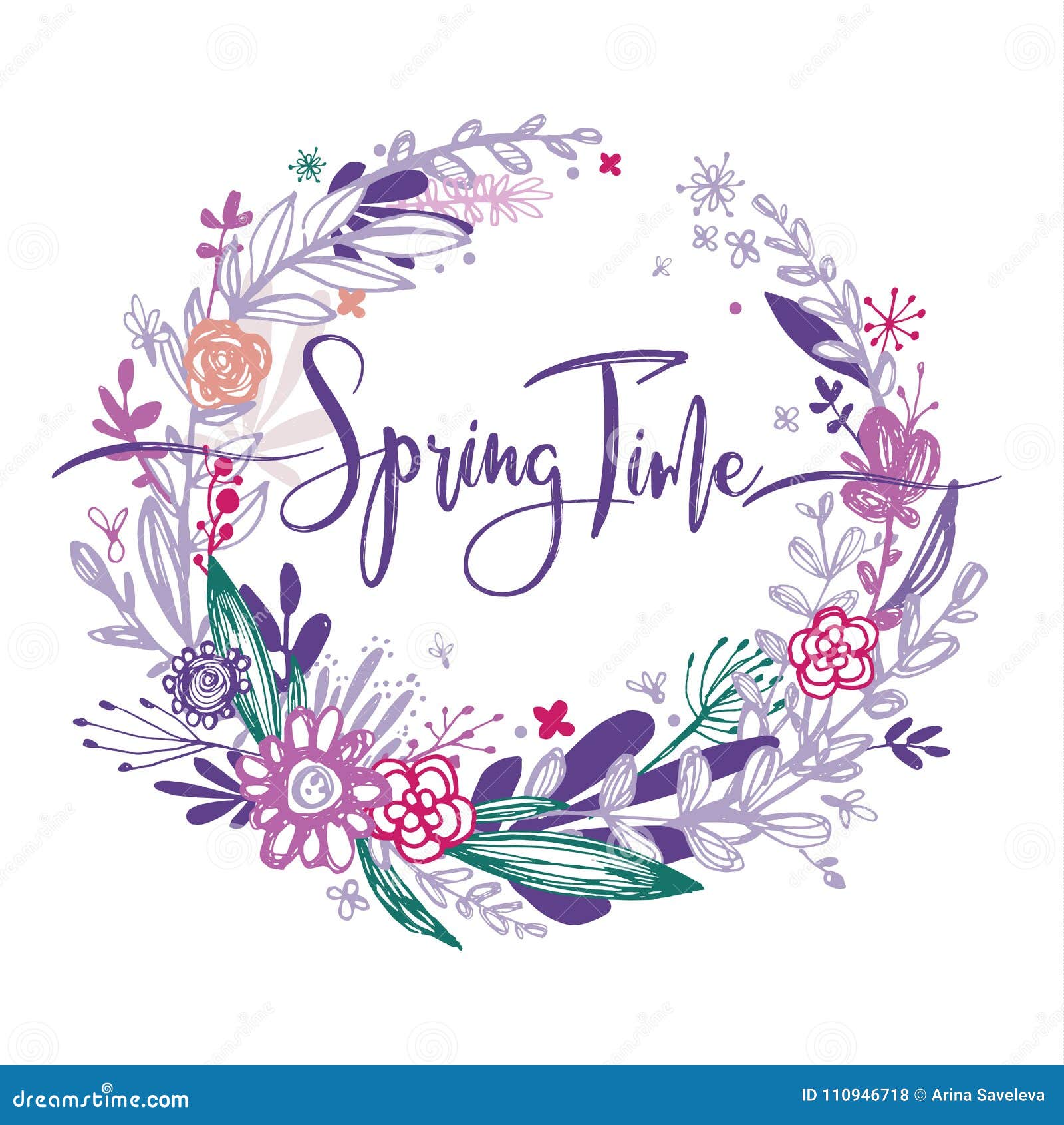 Spring Time Wording with Hand Drawn Flowers in a Circle, Purple Doodle ...