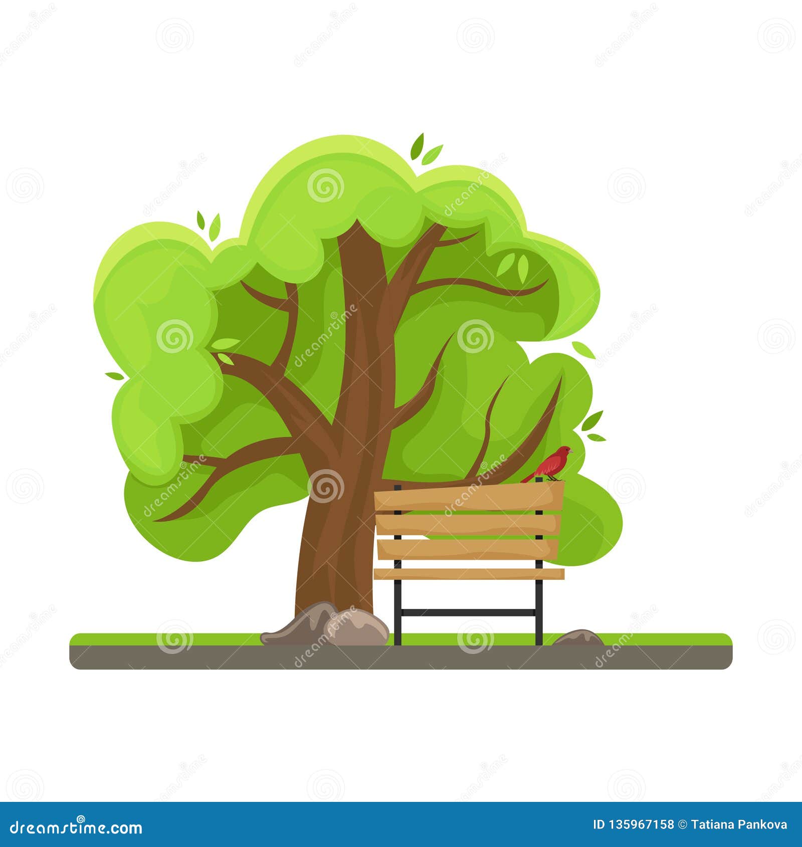 Spring Tree. Bench with a Bird Stock Vector - Illustration of bench ...