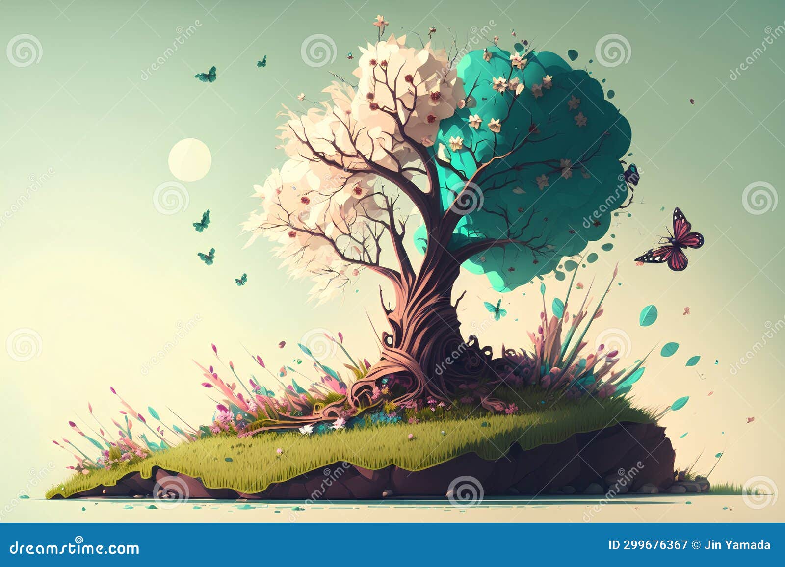 Spring Tree with Flowers and Butterflies. Vector Illustration in Retro ...