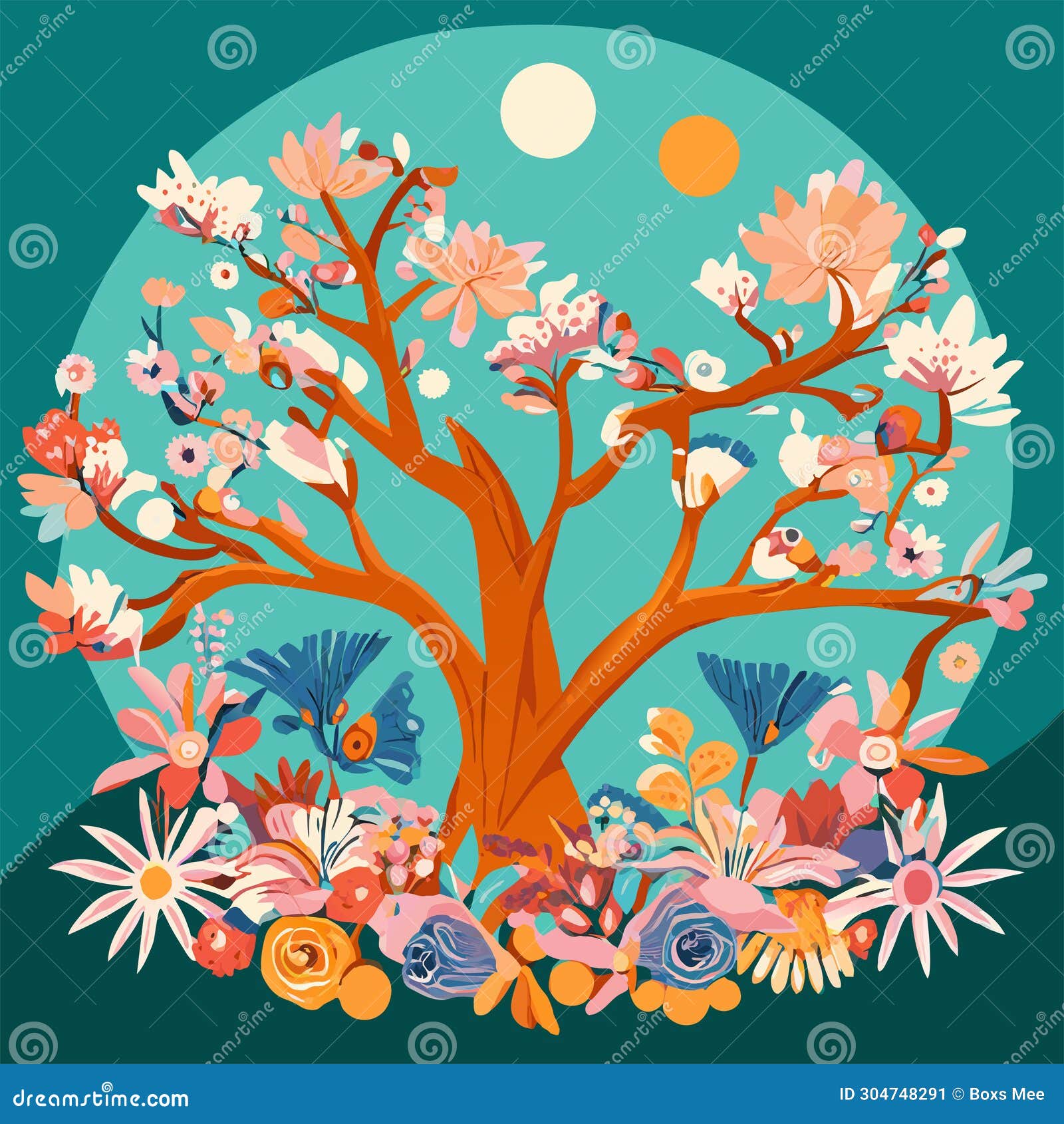 Spring Tree with Flowers. Vector Illustration in Flat Cartoon Style ...