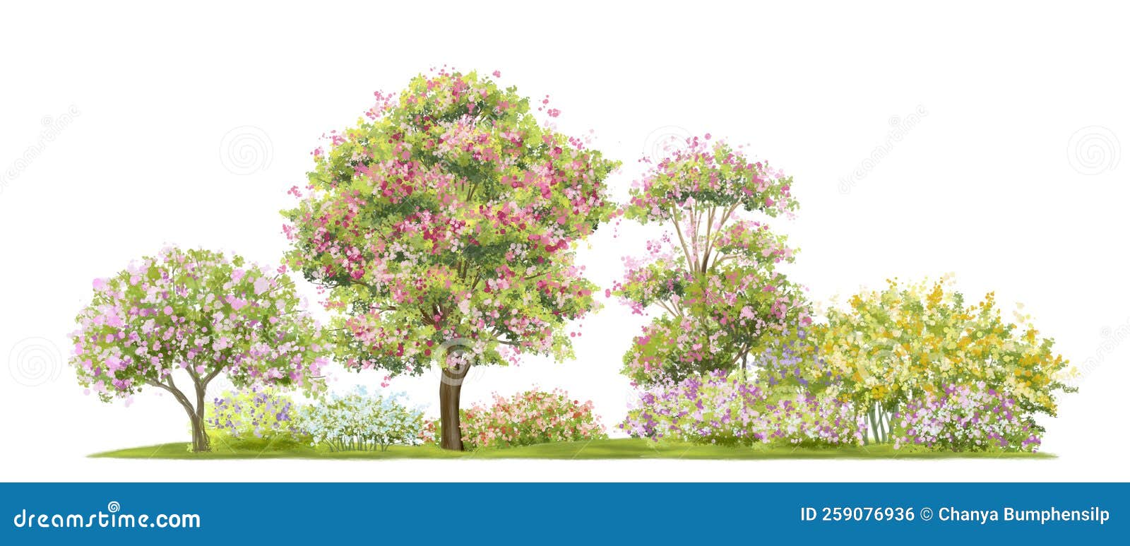 Watercolor Flower Tree Side View for Landscape Stock Photo - Image of ...