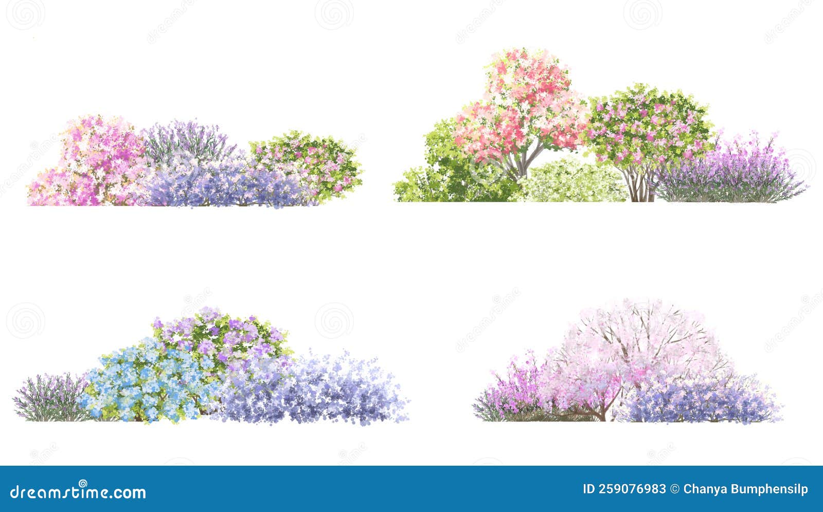Watercolor Flower Tree Side View for Landscape Stock Image - Image of ...