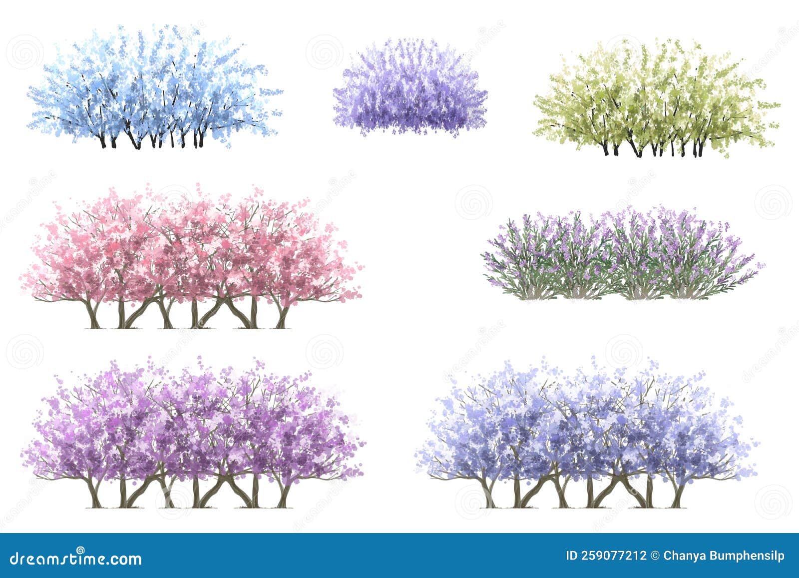 Watercolor Flower Tree Side View for Landscape Stock Photo - Image of ...