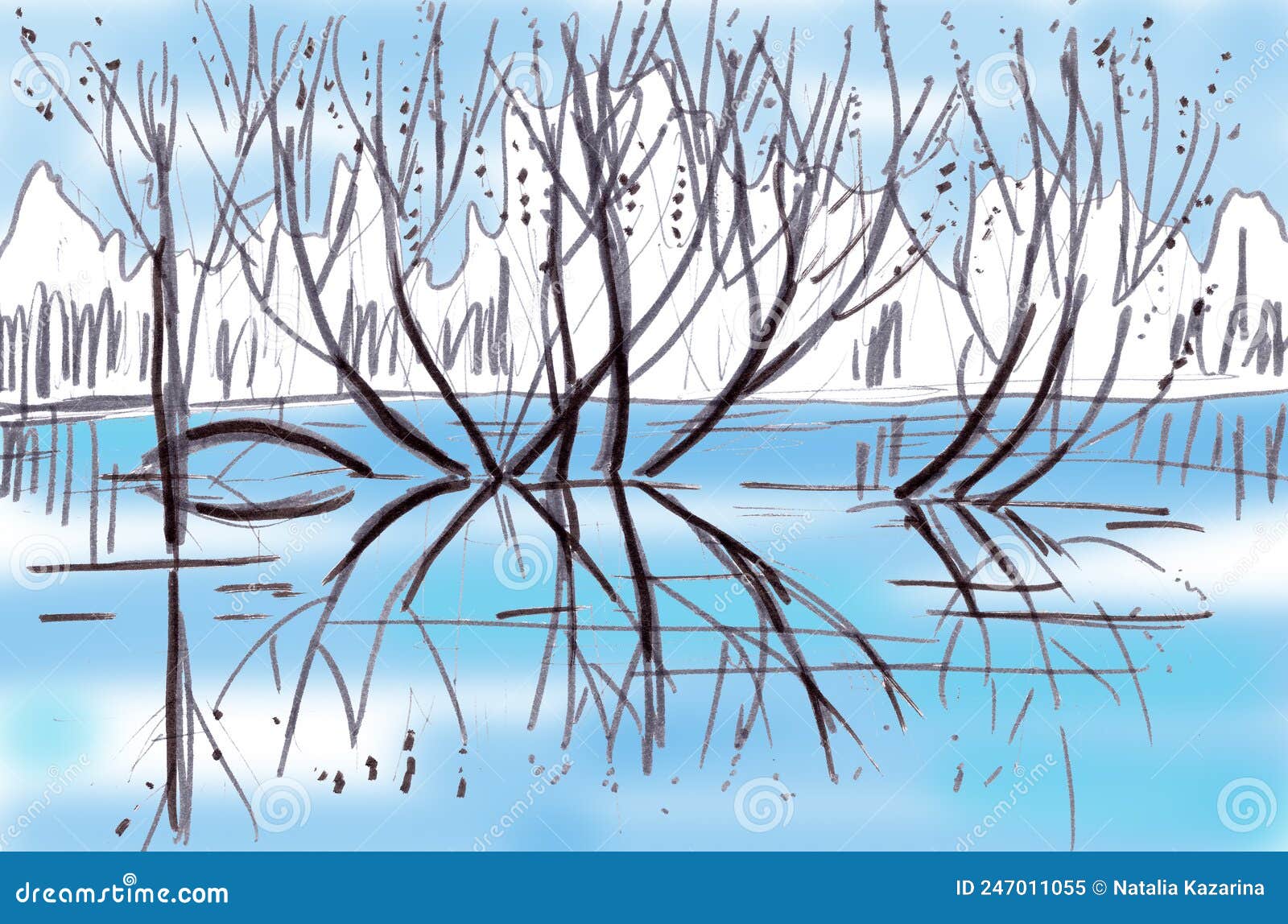 Spring Trees and Bushes, Reflections in the Water, Graphic Drawing ...