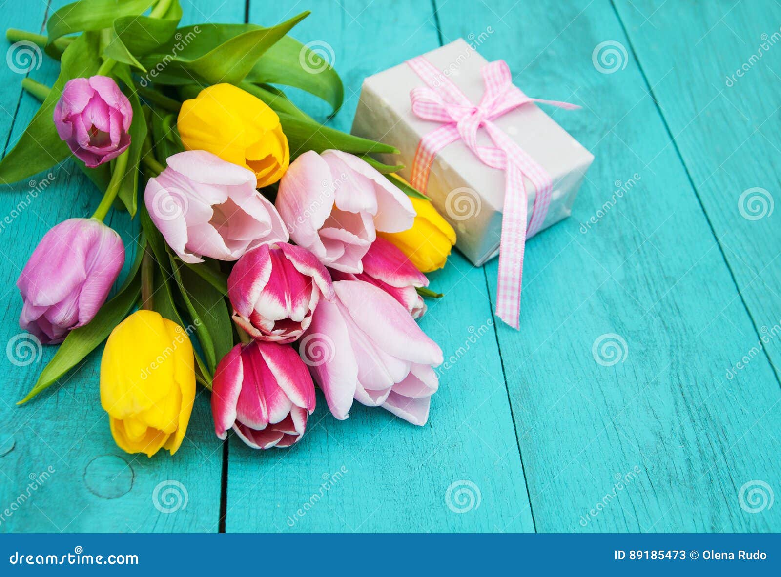 Spring Tulips Flowers and Gift Box Stock Image - Image of celebration ...