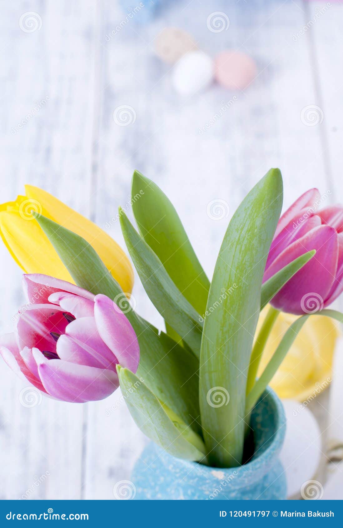Spring Tulips are Pink and Yellow. Different Colors of Eggs and Pottery ...
