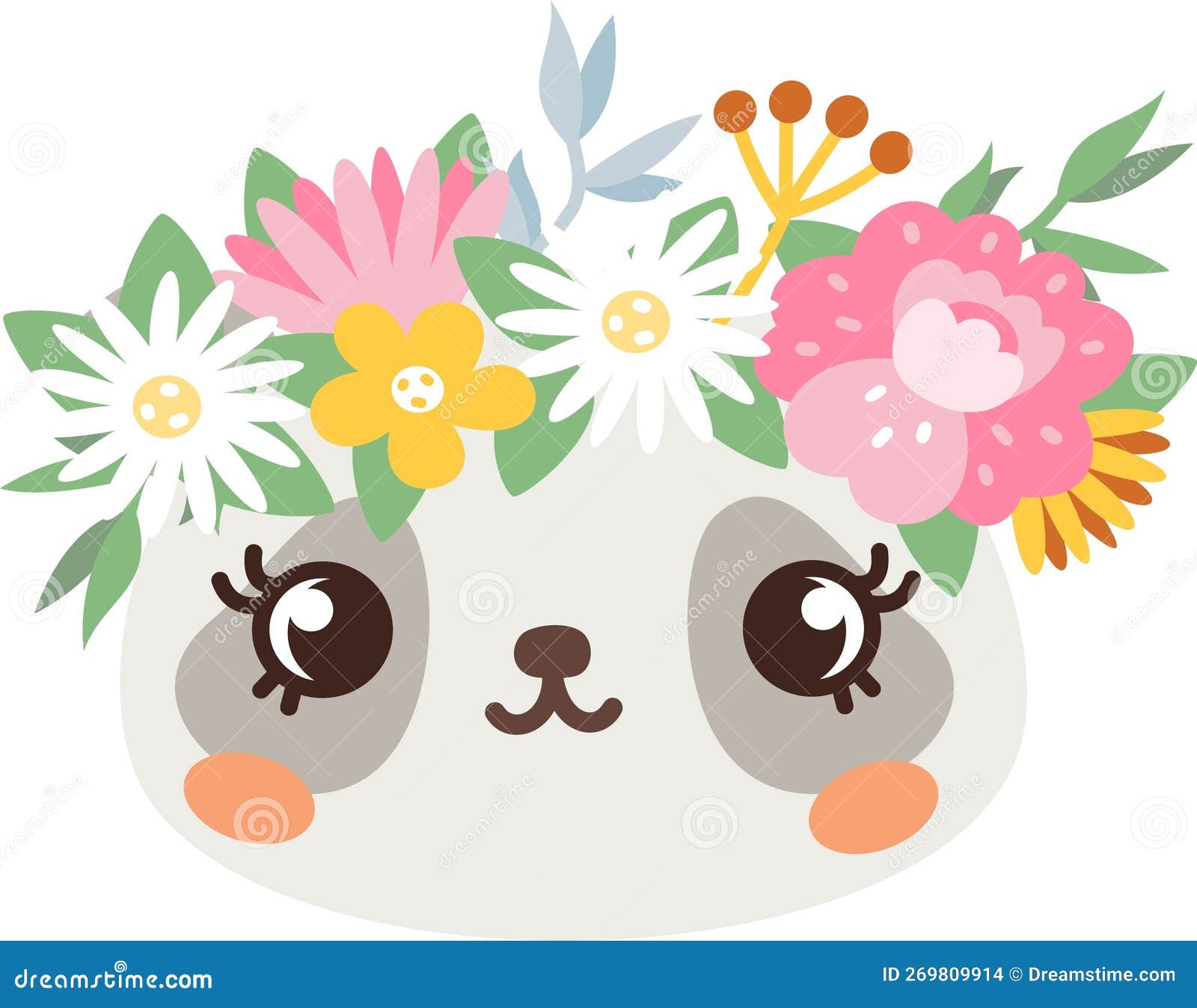 Spring Vector Illustration. Panda Face in a Wreath of Flowers Stock ...