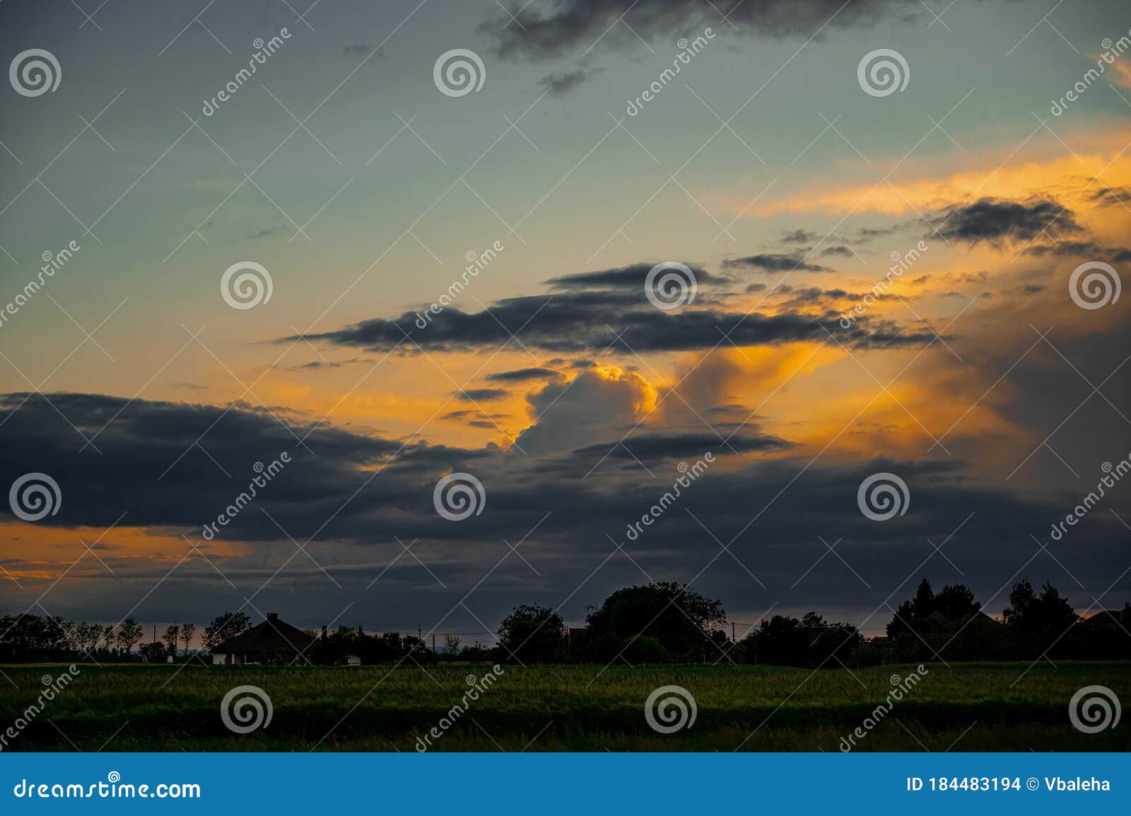 Spring Village Landscape at Sunset Stock Photo - Image of orange ...