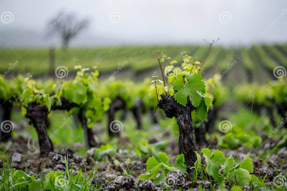 Spring Vineyard Rows with Budding Grapevines and Moist Soil Stock Photo ...