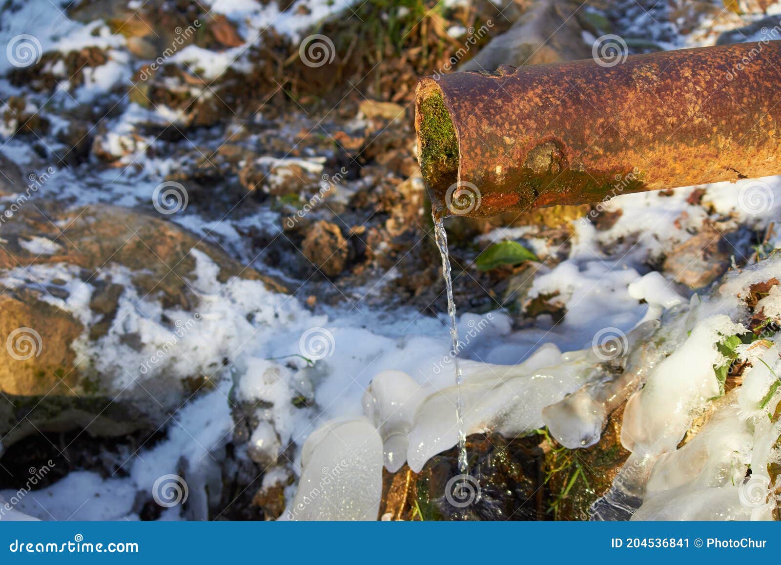 Spring Water Falling from a Pipe in Winter Stock Image - Image of green ...