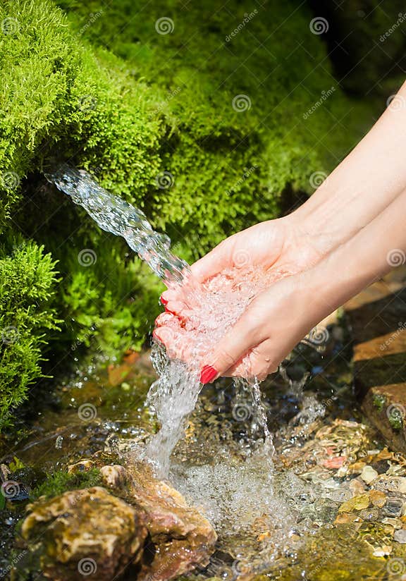 Spring Water Flows in Female Hands Stock Photo - Image of environment ...